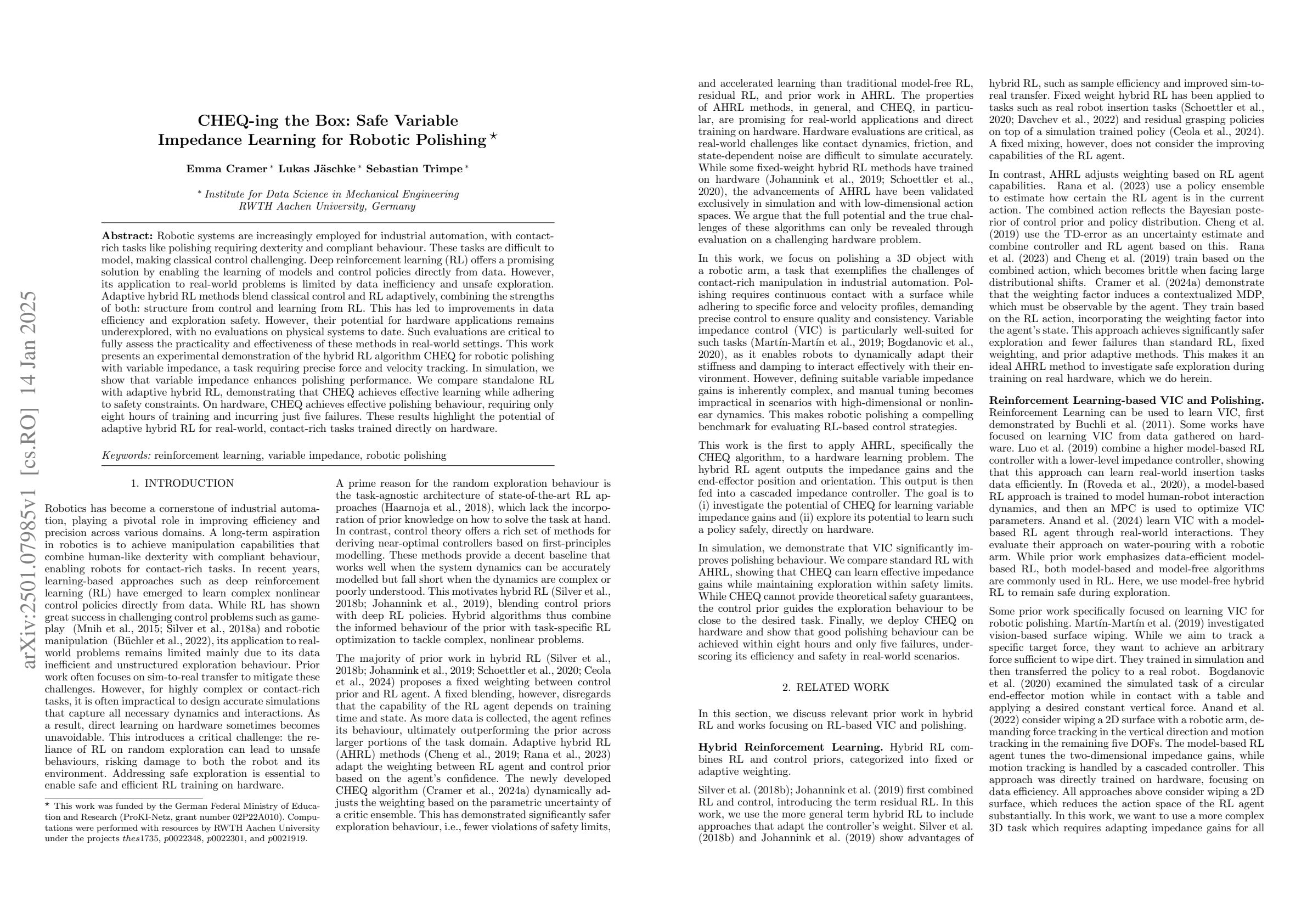 CHEQ-ing the Box: Safe Variable Impedance Learning for Robotic Polishing
