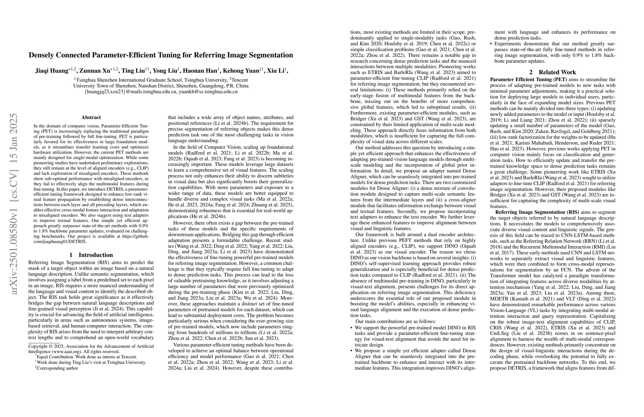 Densely Connected Parameter-Efficient Tuning for Referring Image Segmentation
