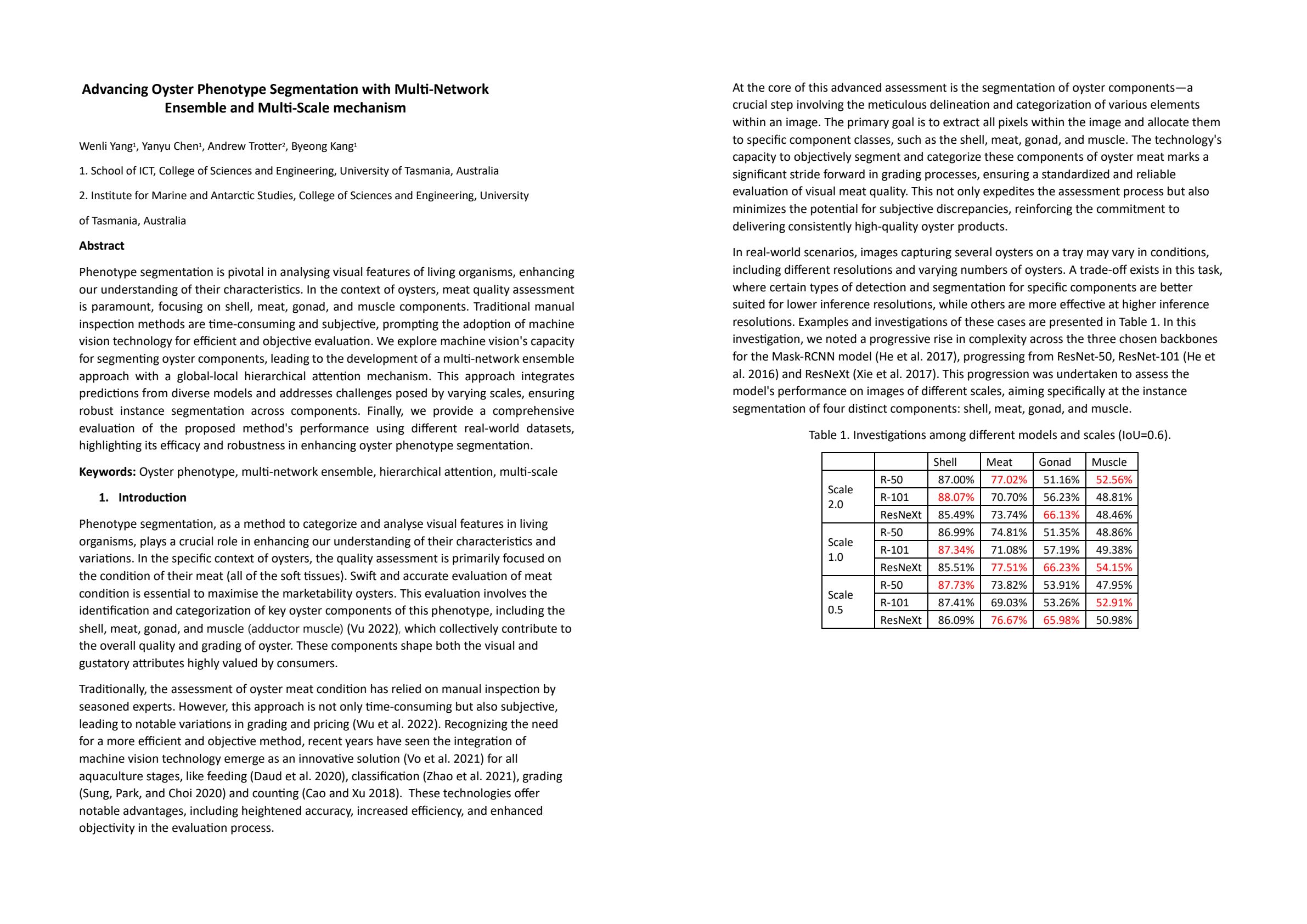 Advancing Oyster Phenotype Segmentation with Multi-Network Ensemble and Multi-Scale mechanism