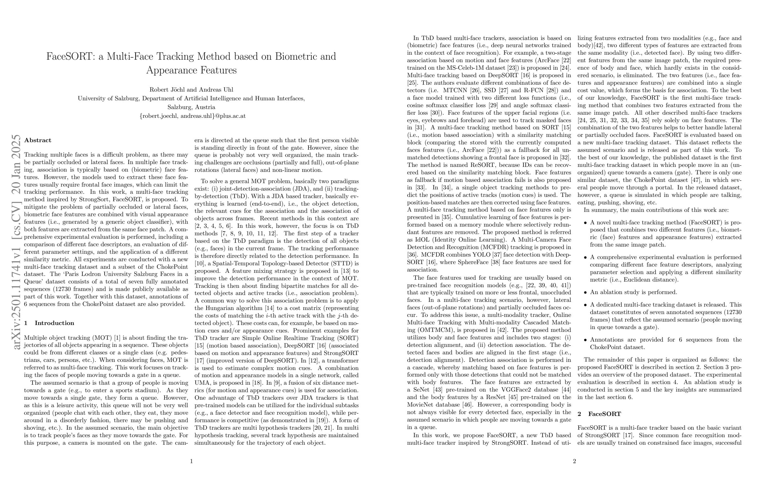 FaceSORT: a Multi-Face Tracking Method based on Biometric and Appearance Features