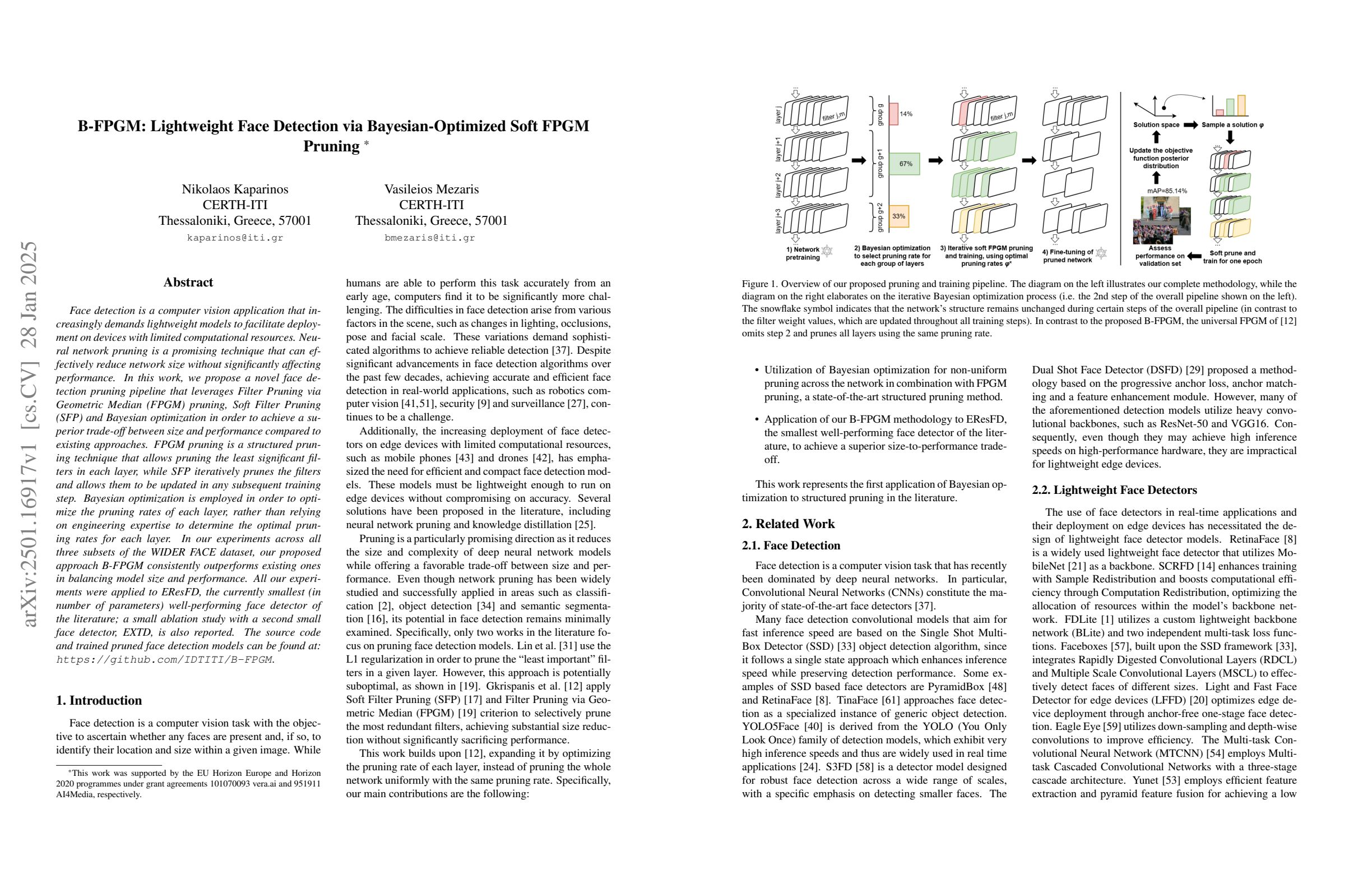 B-FPGM: Lightweight Face Detection via Bayesian-Optimized Soft FPGM Pruning