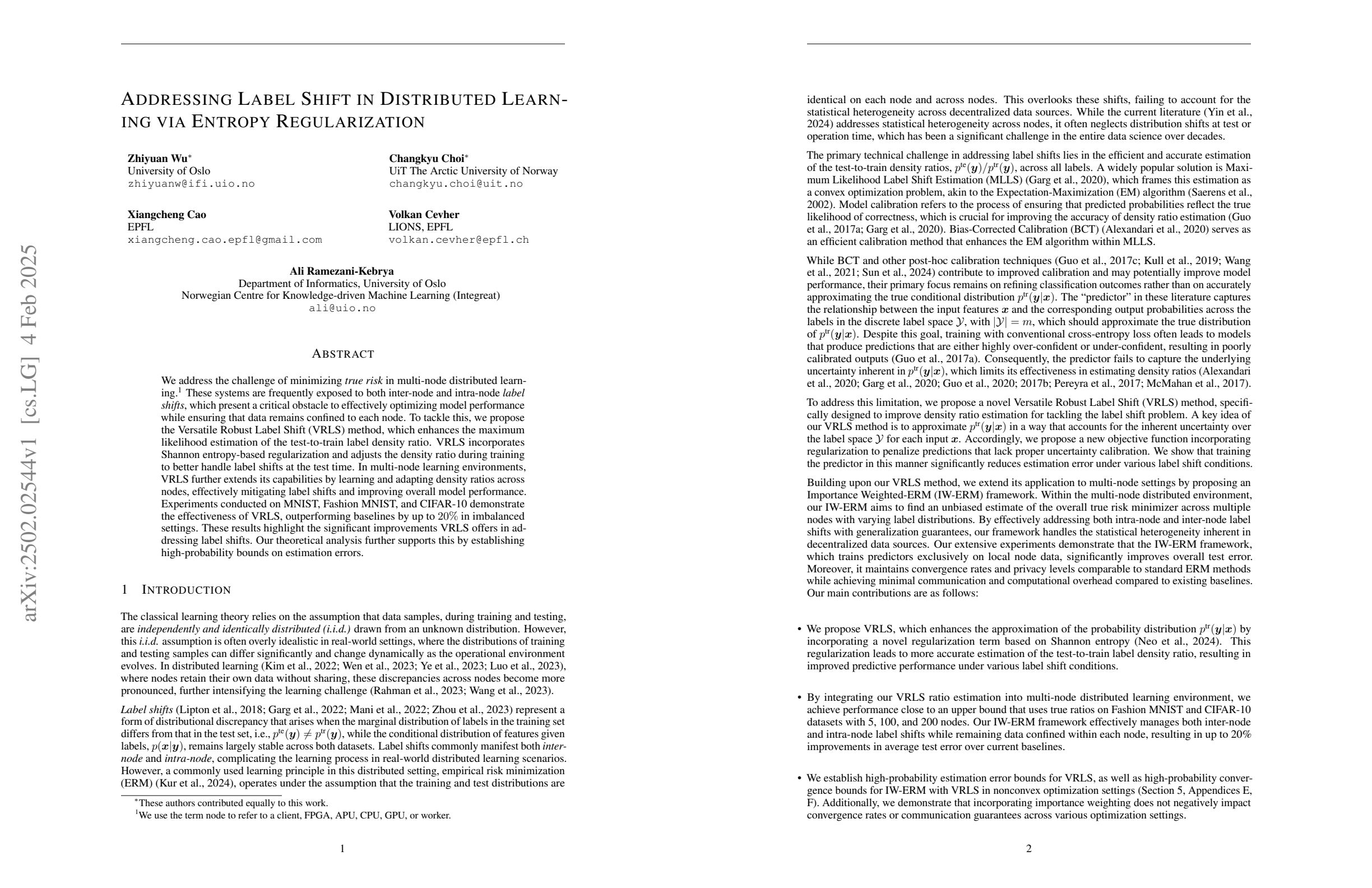 Addressing Label Shift in Distributed Learning via Entropy Regularization
