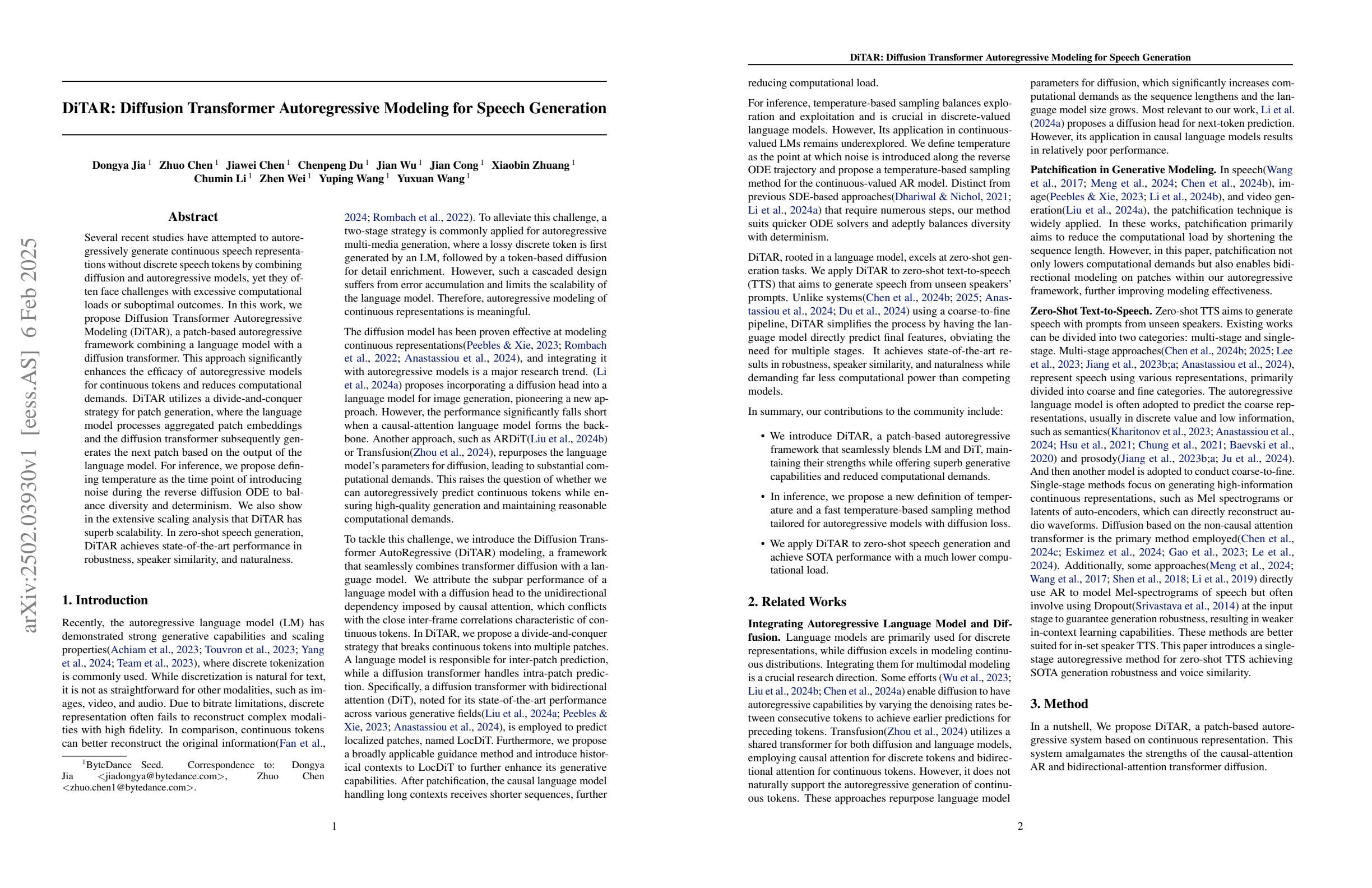 DiTAR: Diffusion Transformer Autoregressive Modeling for Speech Generation
