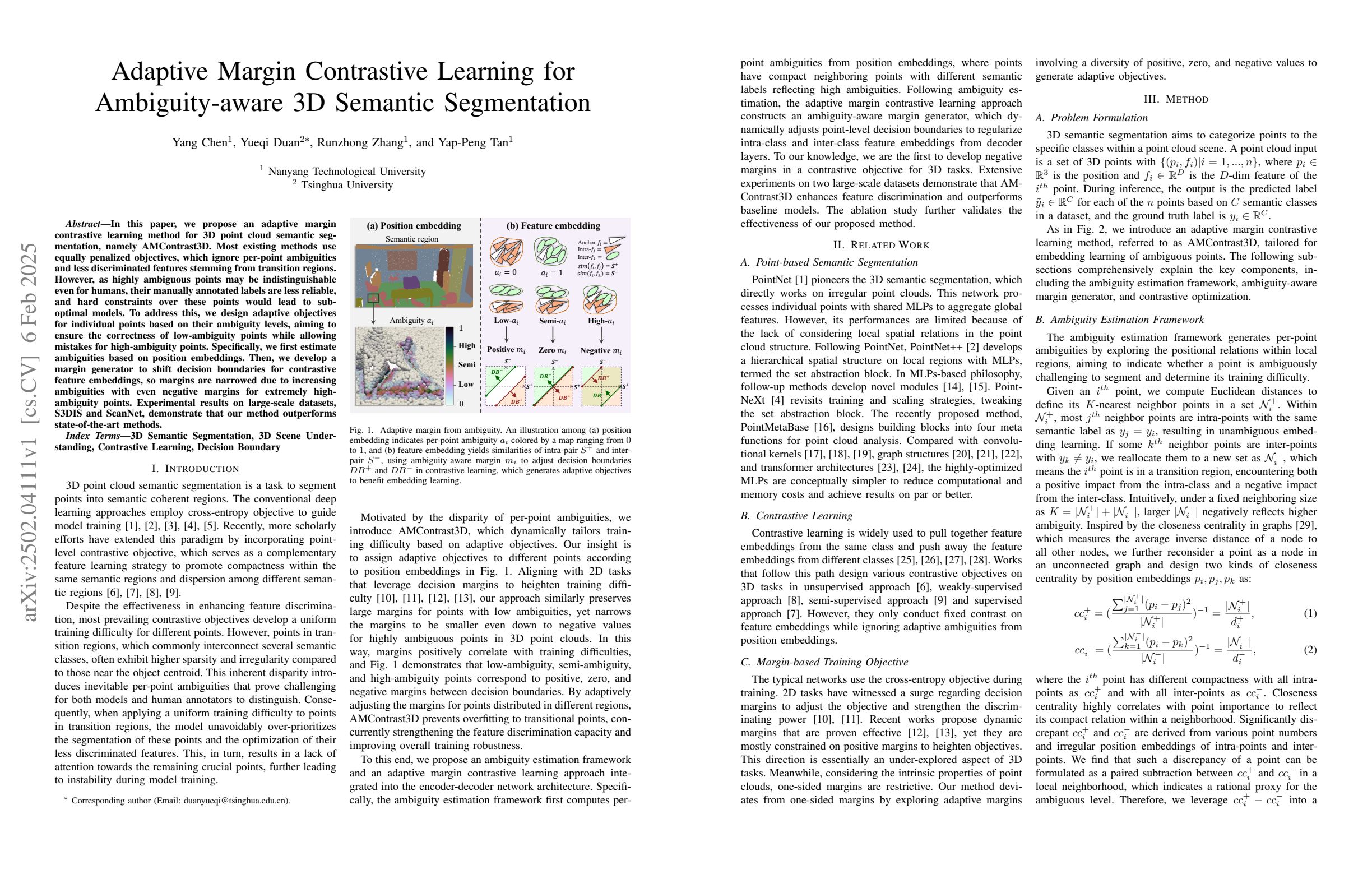 Adaptive Margin Contrastive Learning for Ambiguity-aware 3D Semantic Segmentation