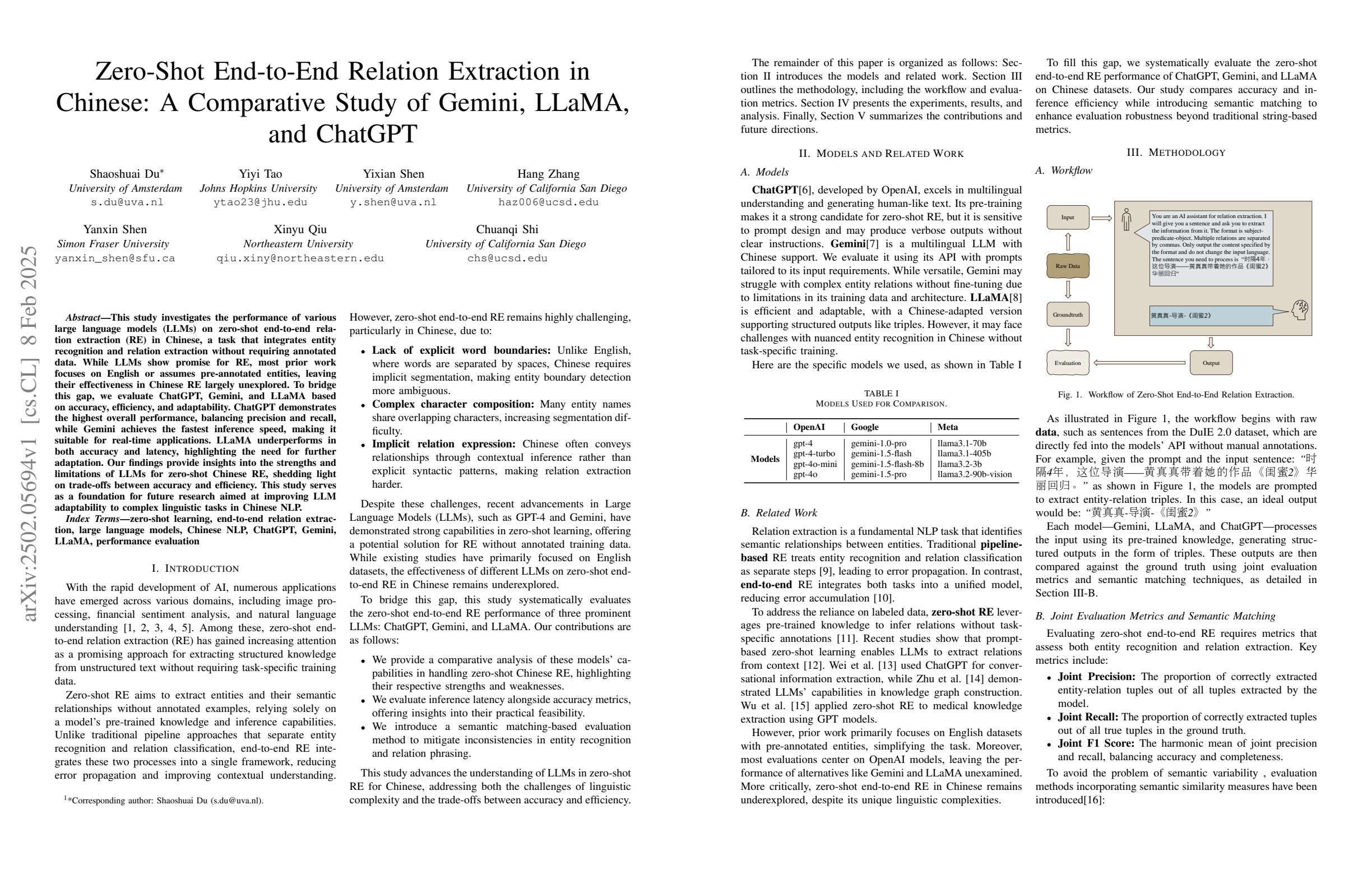 Zero-Shot End-to-End Relation Extraction in Chinese: A Comparative Study of Gemini, LLaMA and ...