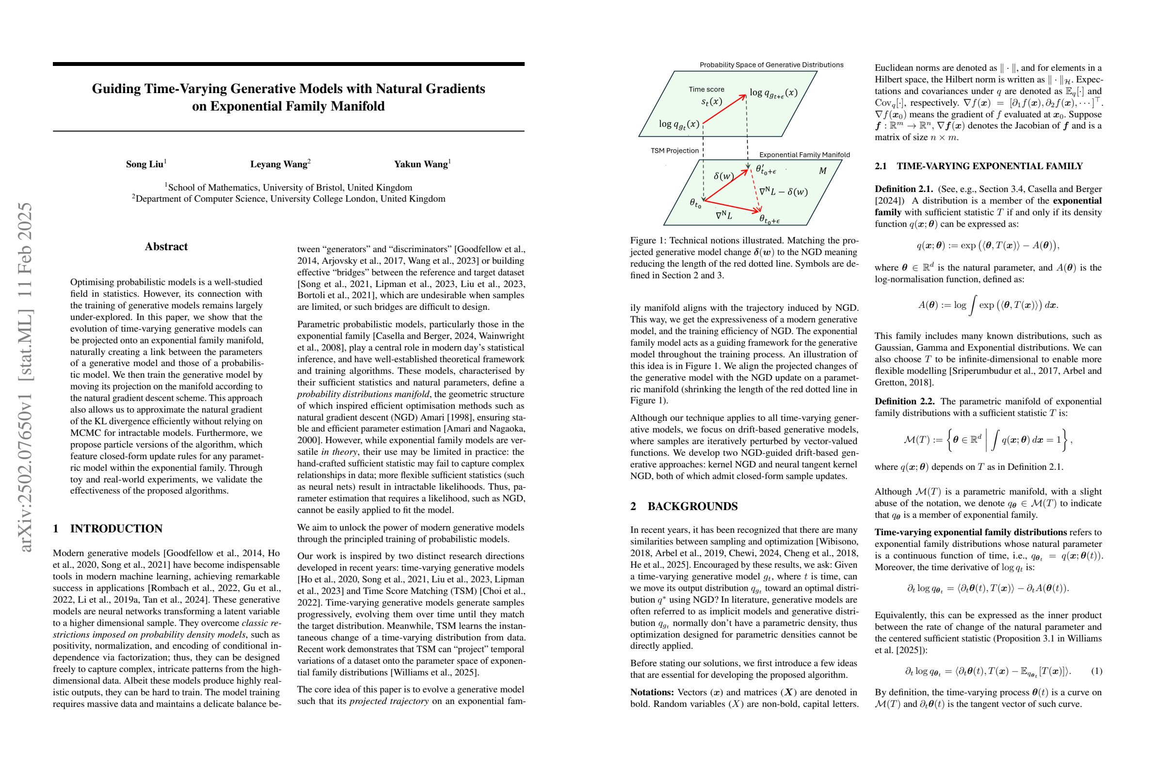 Guiding Time-Varying Generative Models with Natural Gradients on Exponential Family Manifold