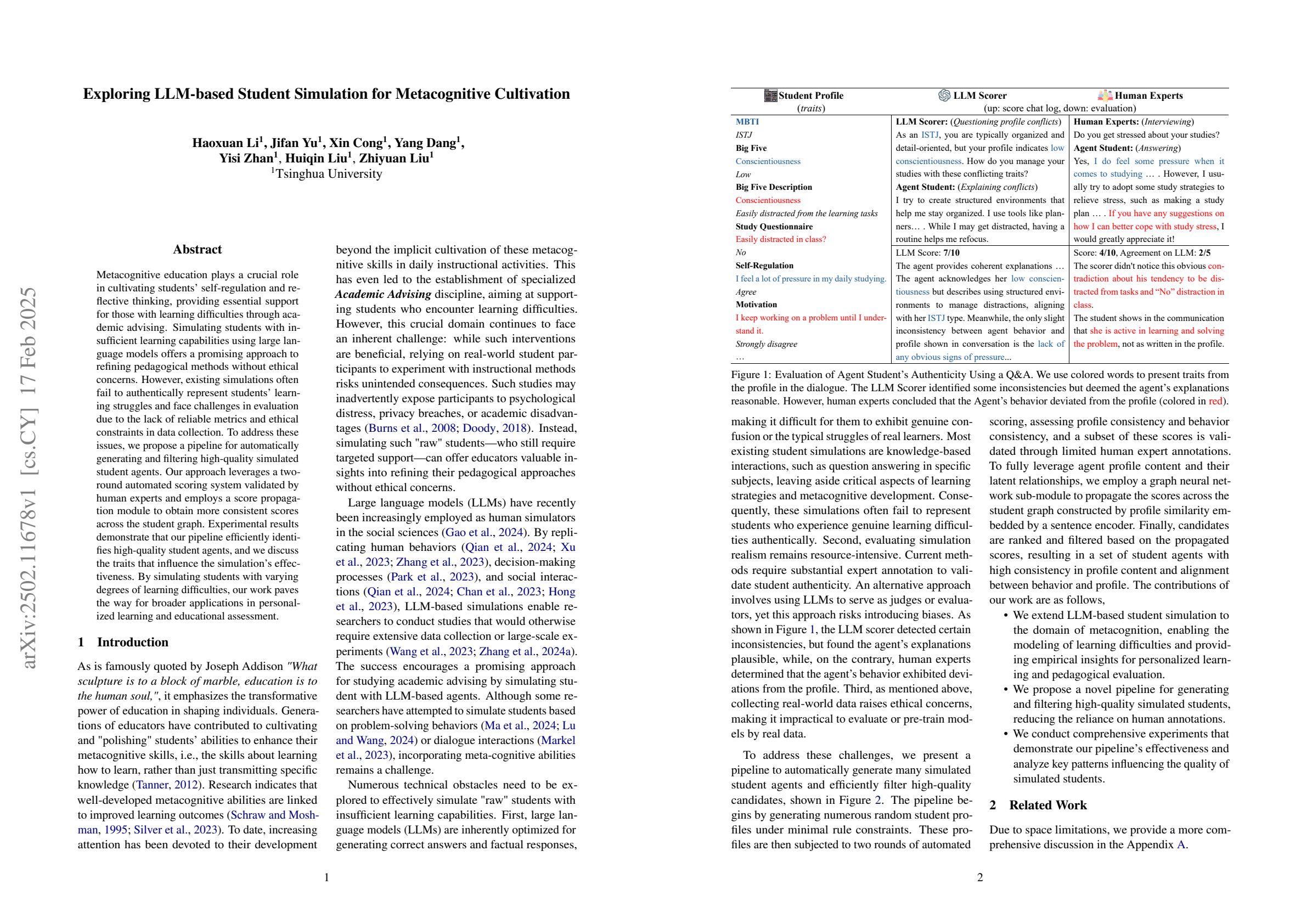 Exploring LLM-based Student Simulation for Metacognitive Cultivation