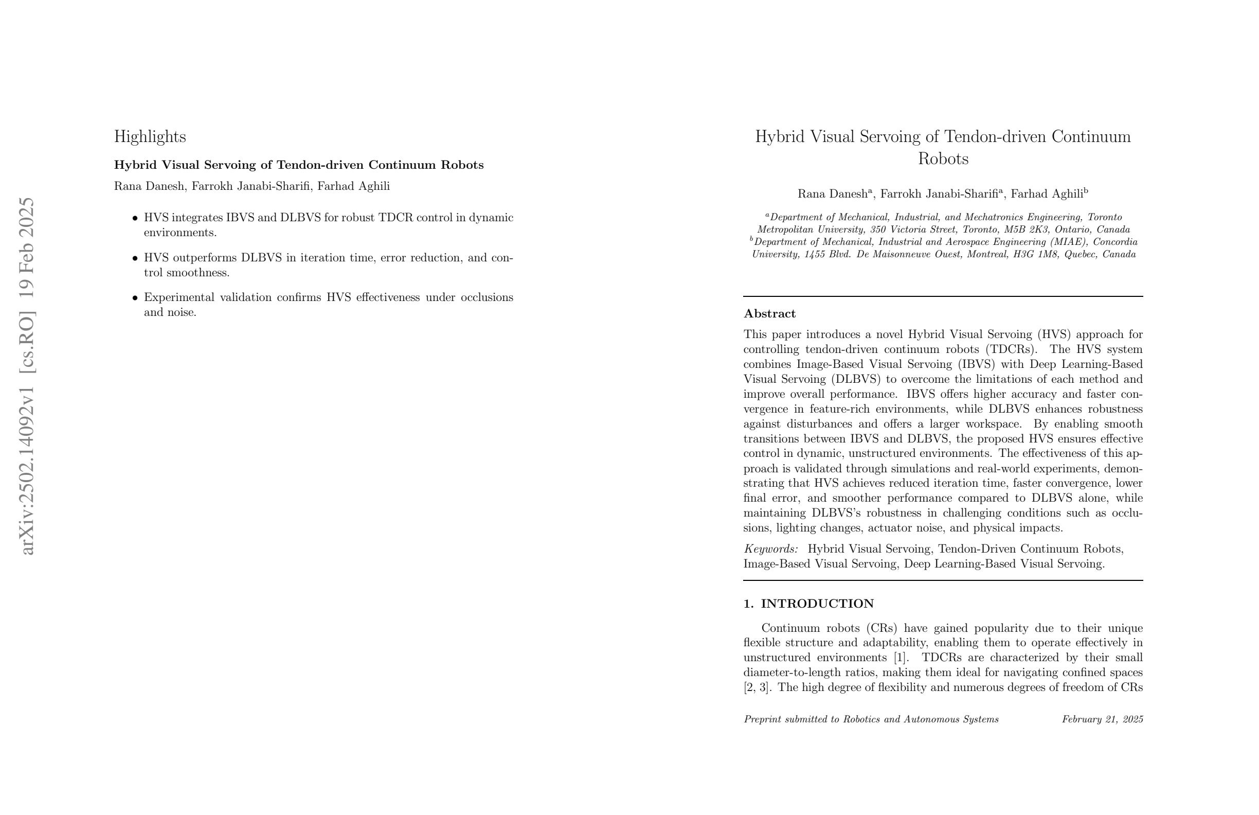 Hybrid Visual Servoing of Tendon-driven Continuum Robots