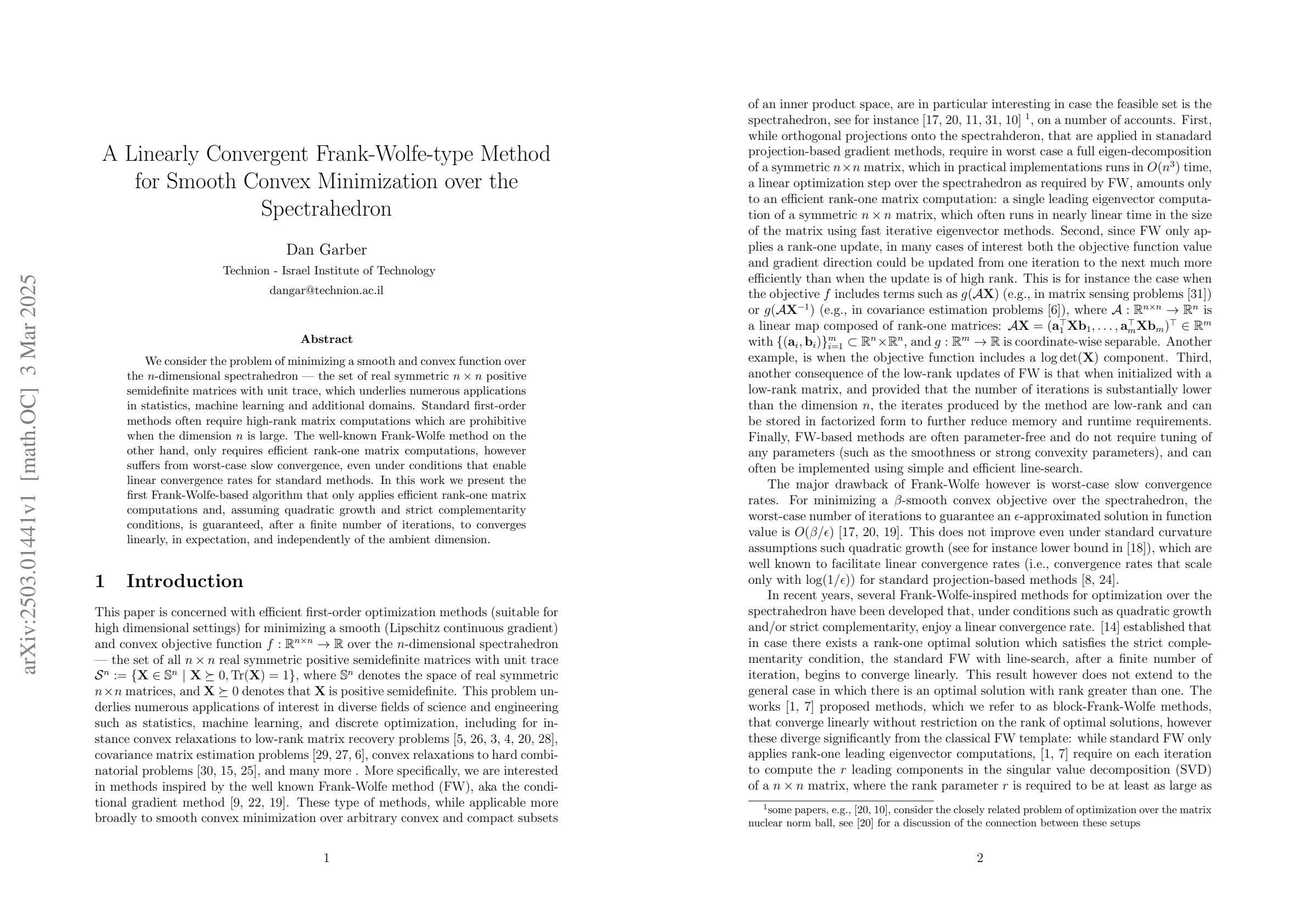 A Linearly Convergent Frank-Wolfe-type Method for Smooth Convex Minimization over the Spectrahedron