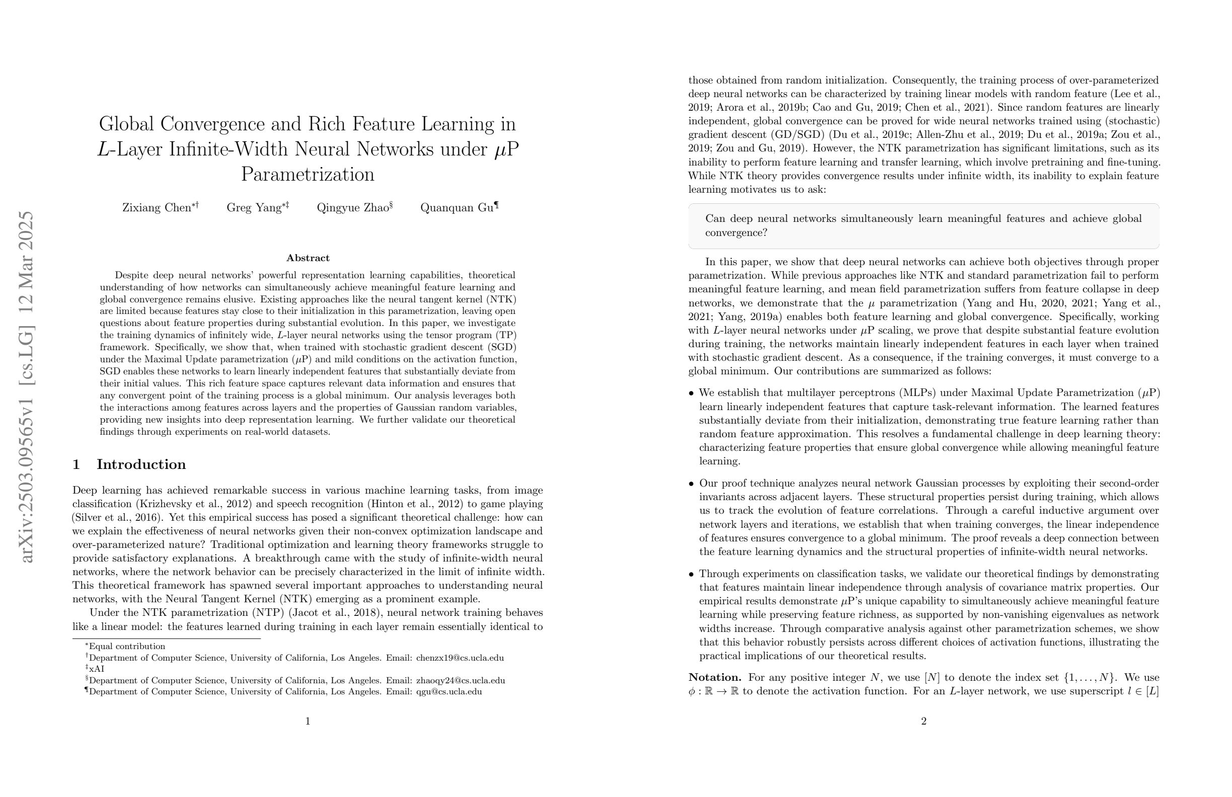 Global Convergence and Rich Feature Learning in $L$-Layer Infinite-Width Neural Networks under ...