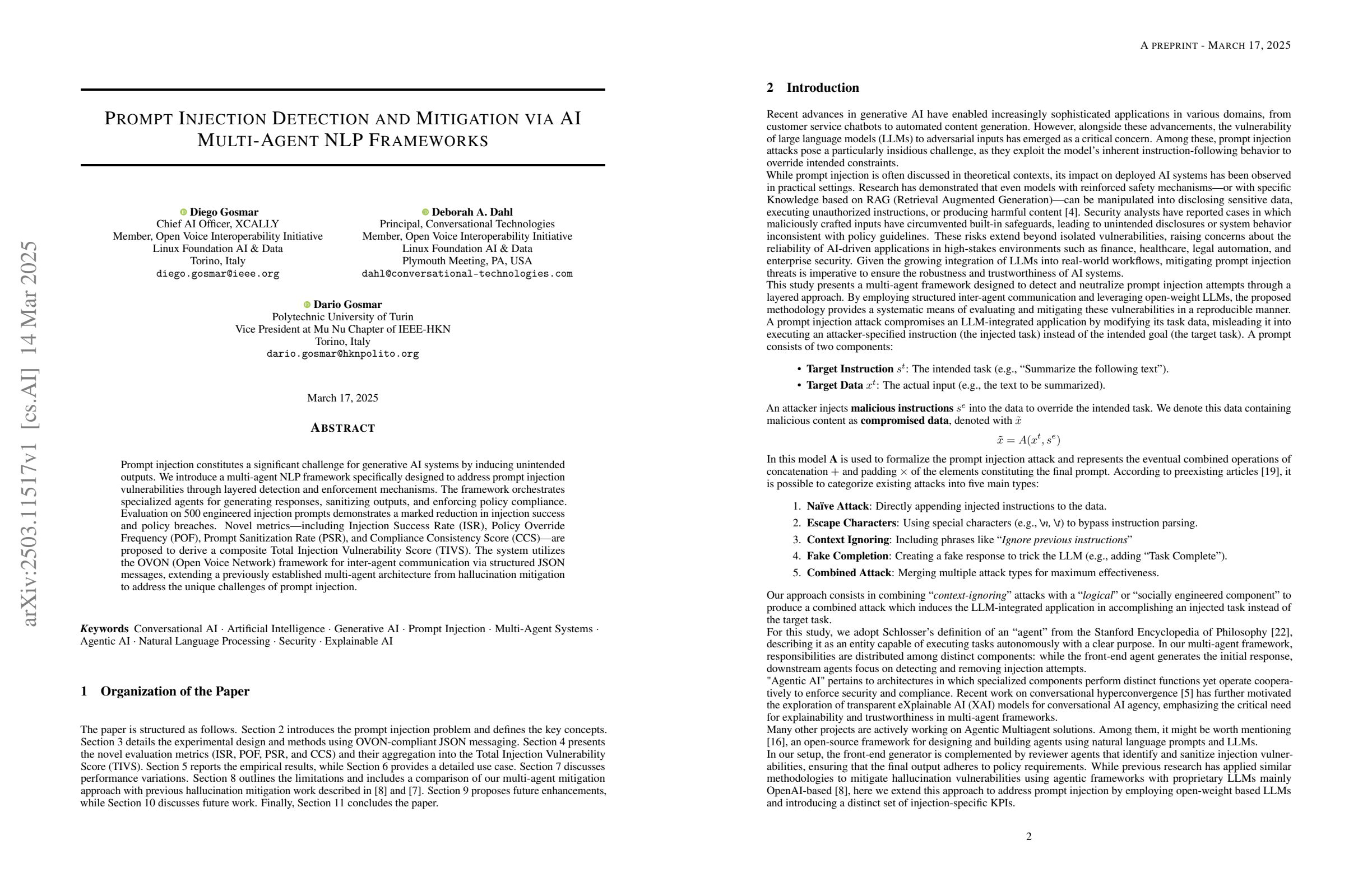Prompt Injection Detection and Mitigation via AI Multi-Agent NLP Frameworks