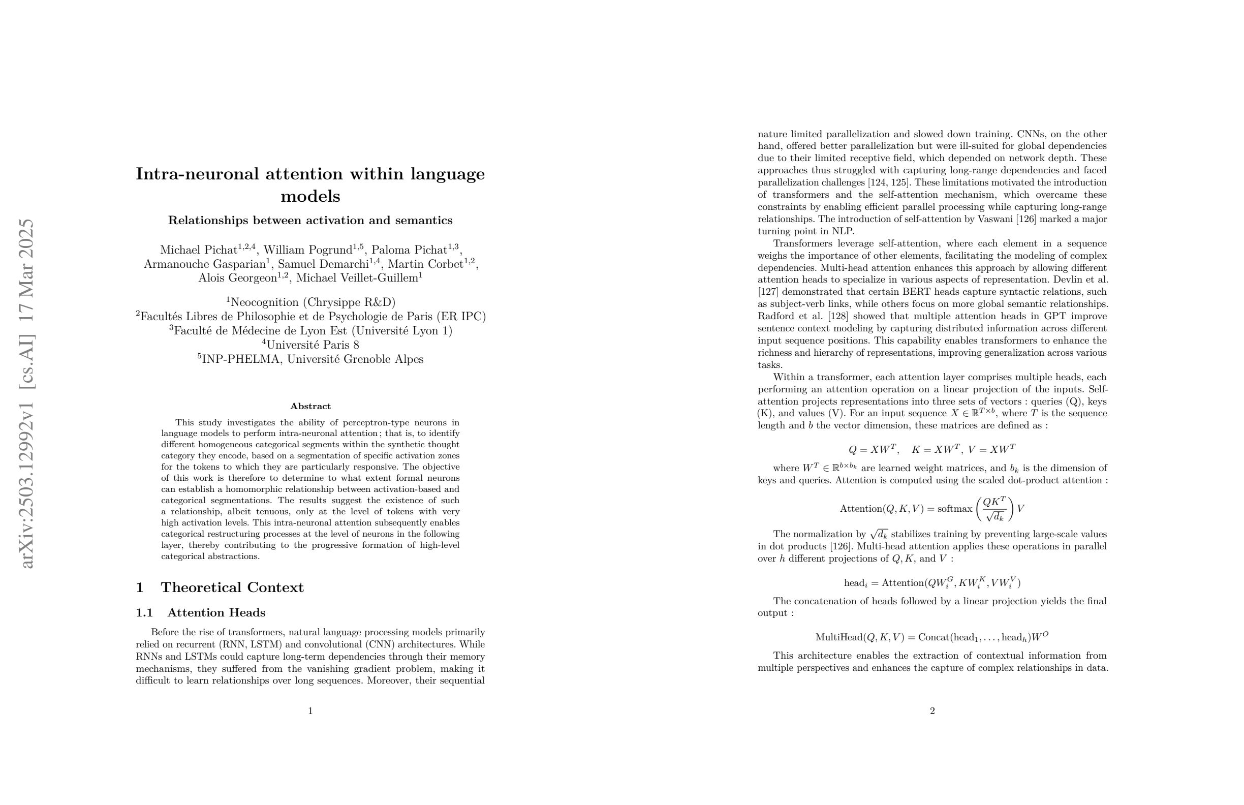 Intra-neuronal attention within language models Relationships between activation and semantics