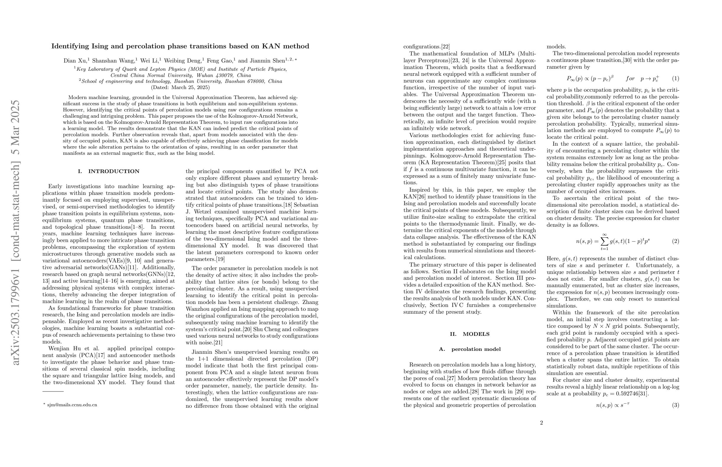 Identifying Ising and percolation phase transitions based on KAN method