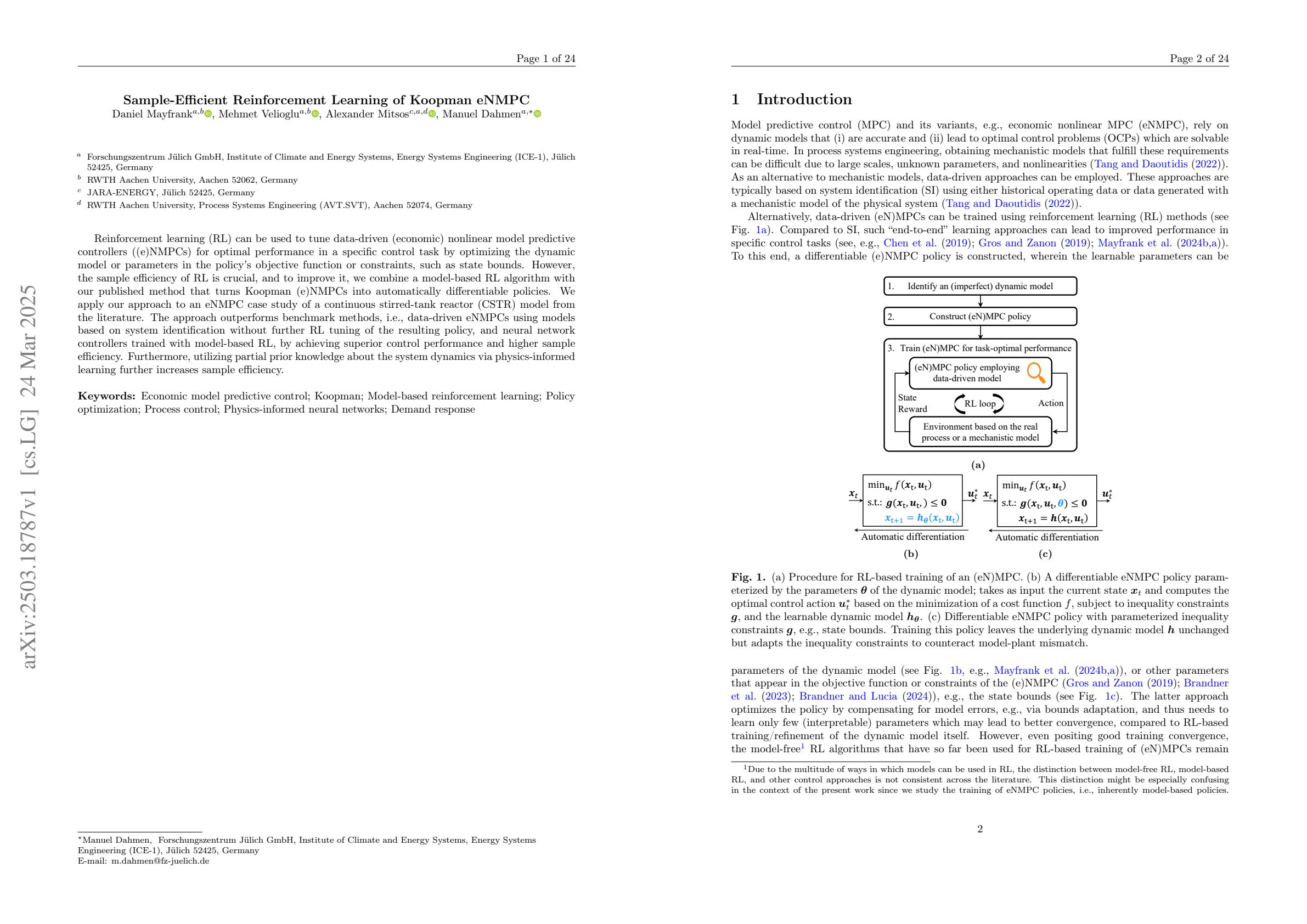 Sample-Efficient Reinforcement Learning of Koopman eNMPC
