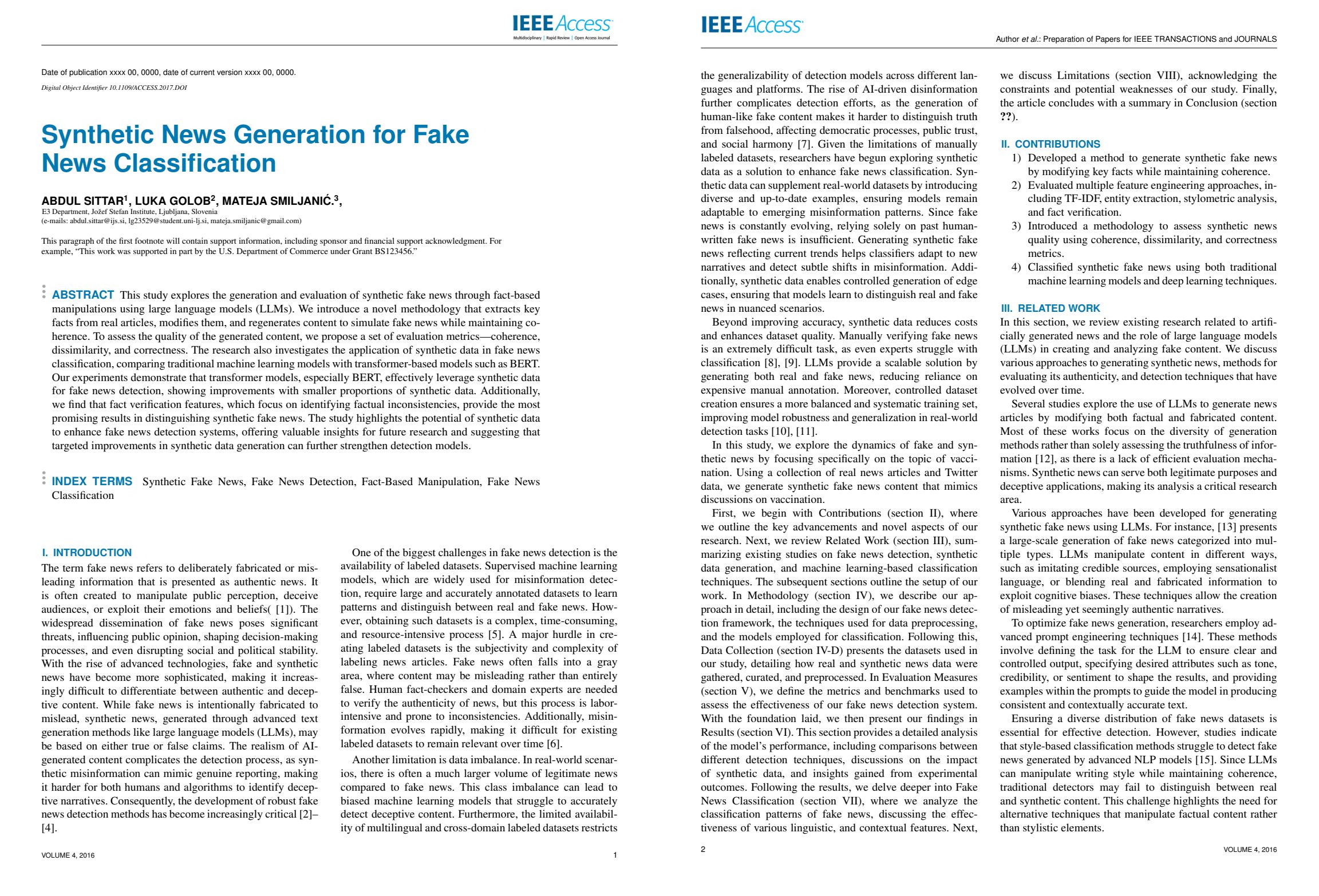 Synthetic News Generation for Fake News Classification
