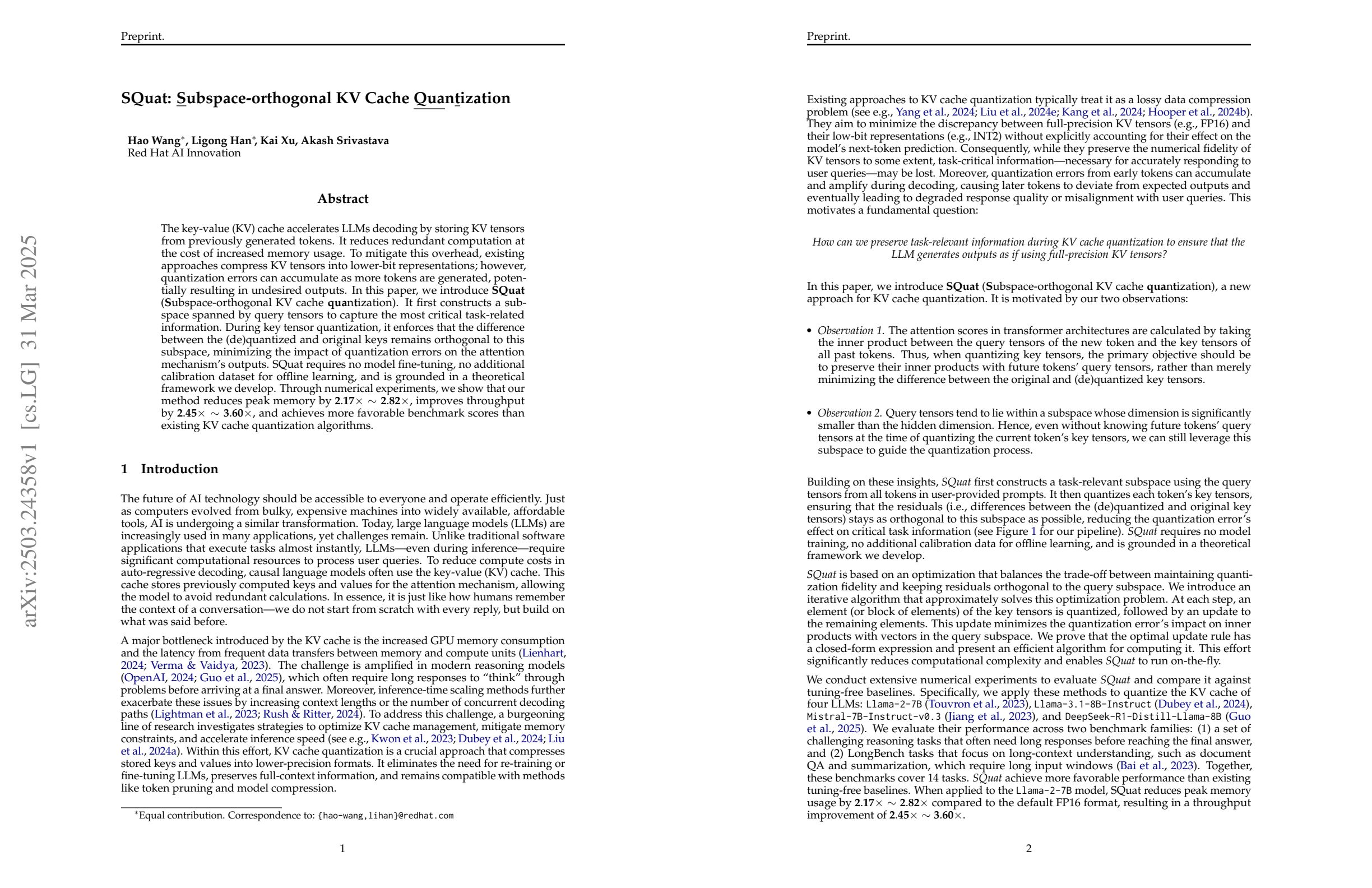 SQuat: Subspace-orthogonal KV Cache Quantization