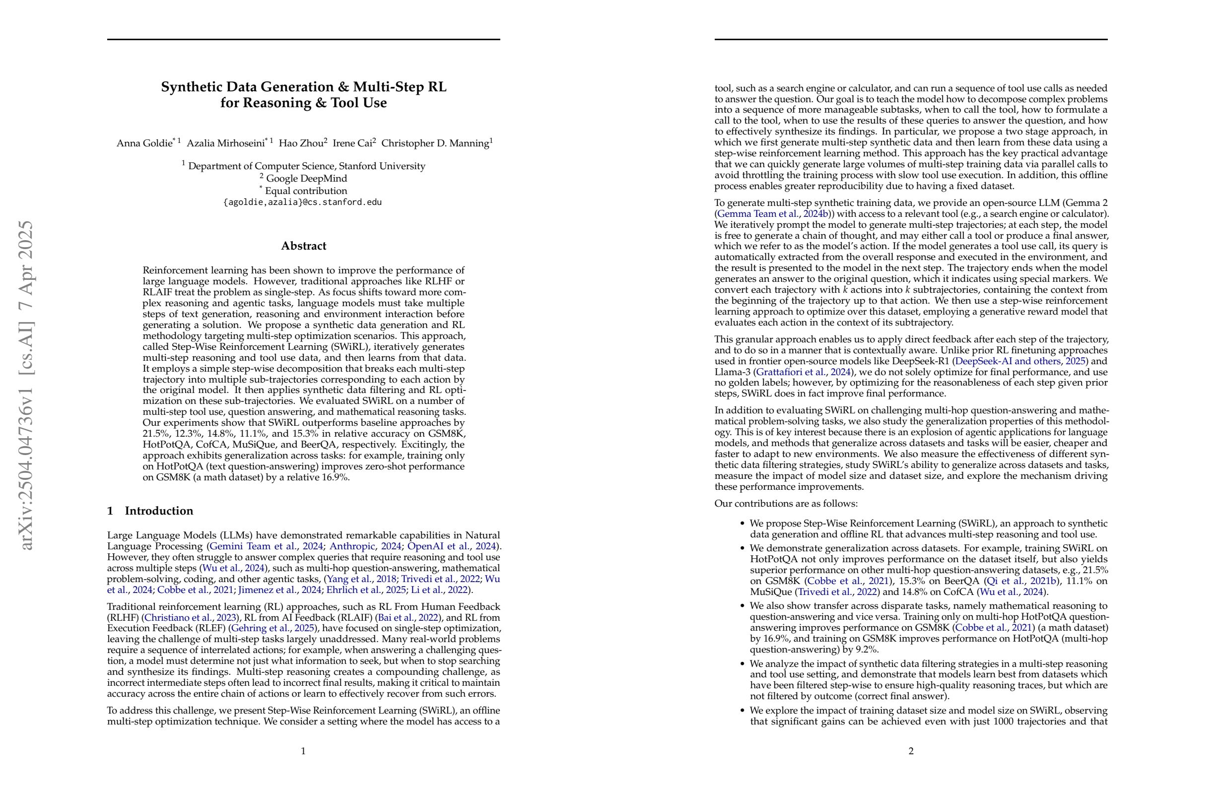Synthetic Data Generation & Multi-Step RL for Reasoning & Tool Use