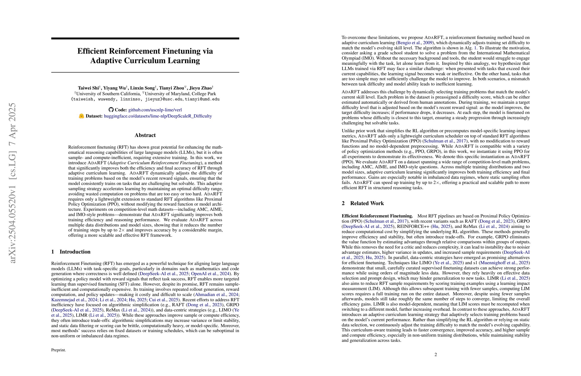 Efficient Reinforcement Finetuning via Adaptive Curriculum Learning
