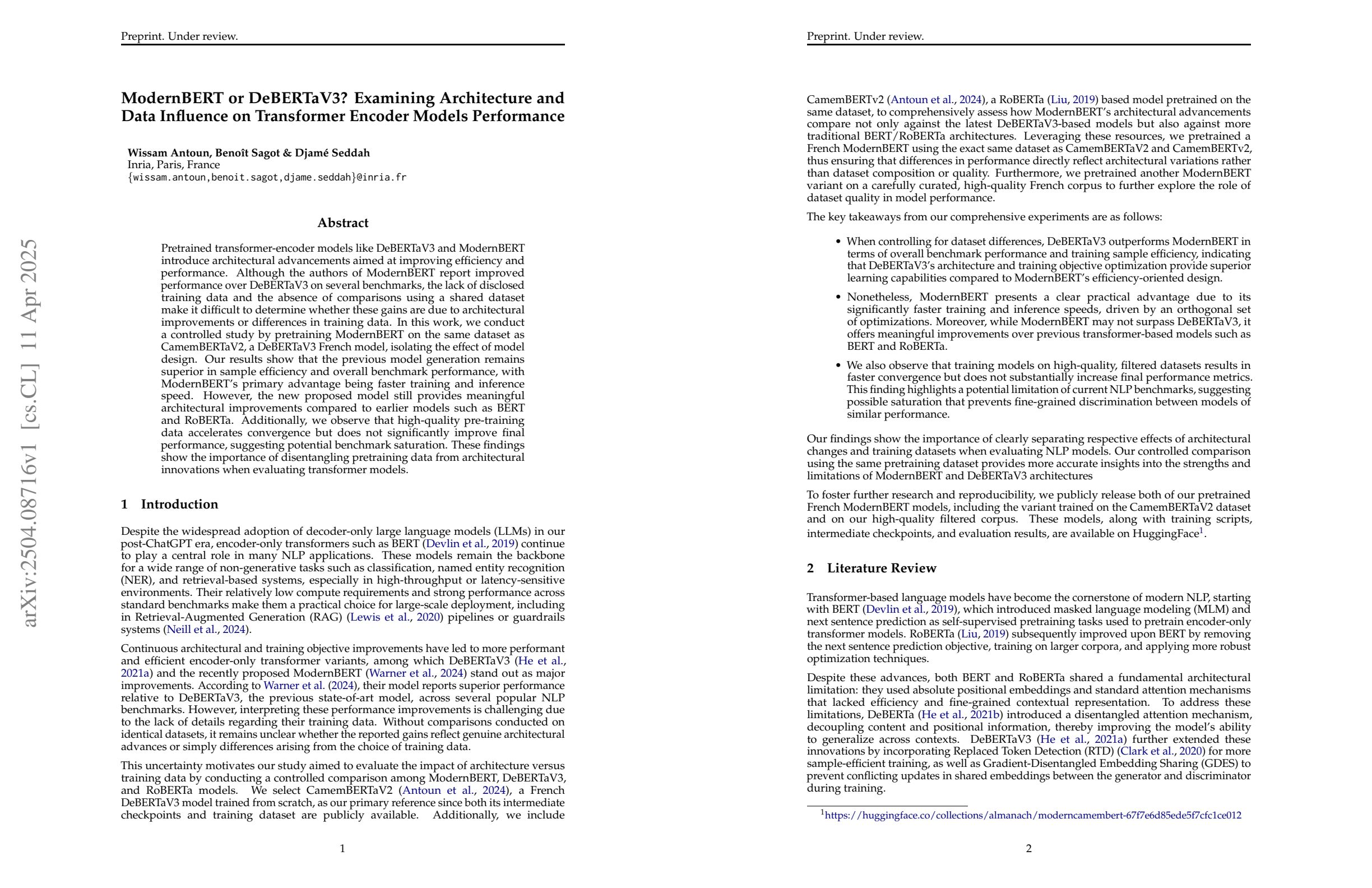 ModernBERT or DeBERTaV3? Examining Architecture and Data Influence on ...