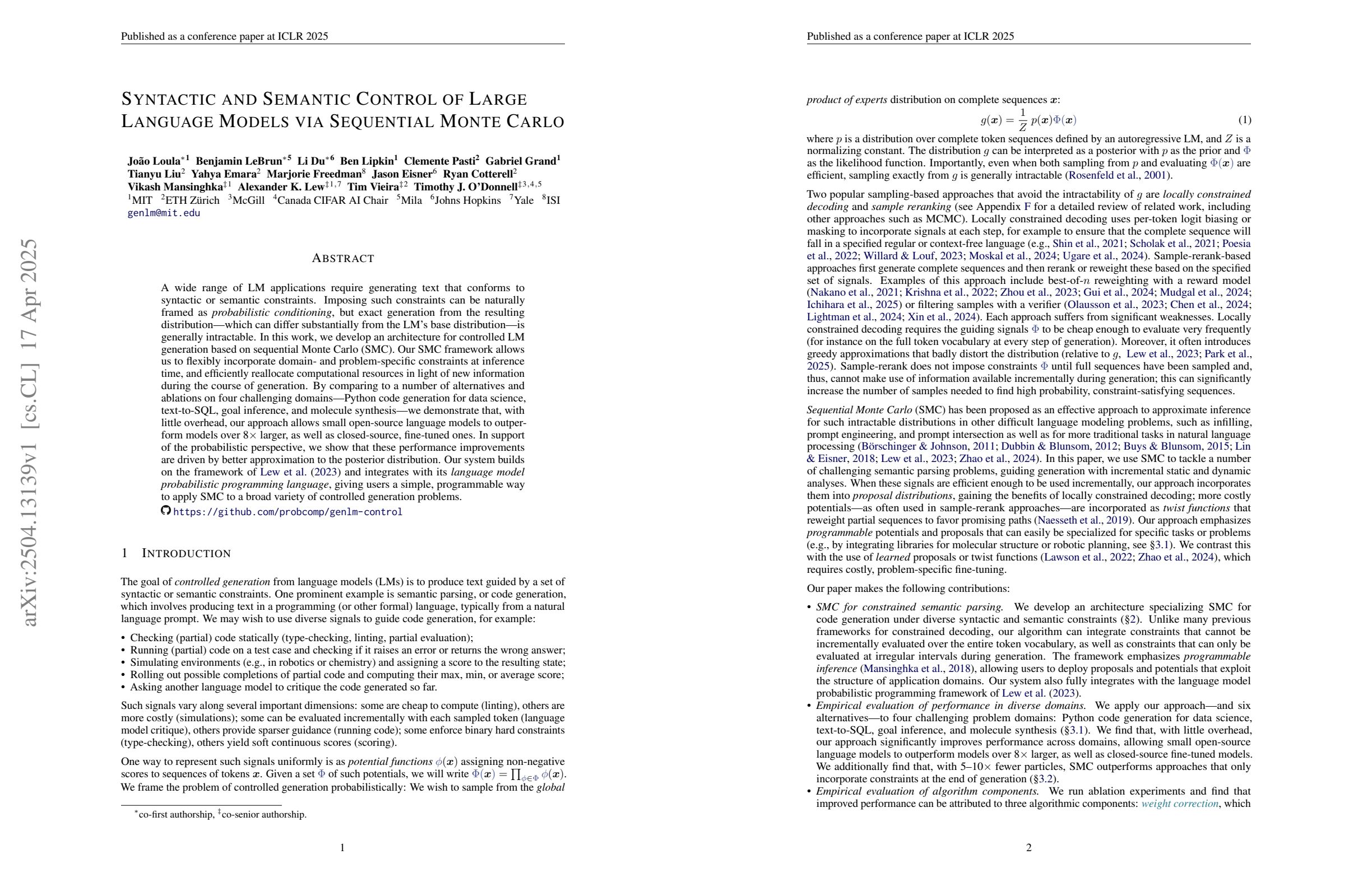 Syntactic and Semantic Control of Large Language Models via Sequential Monte Carlo