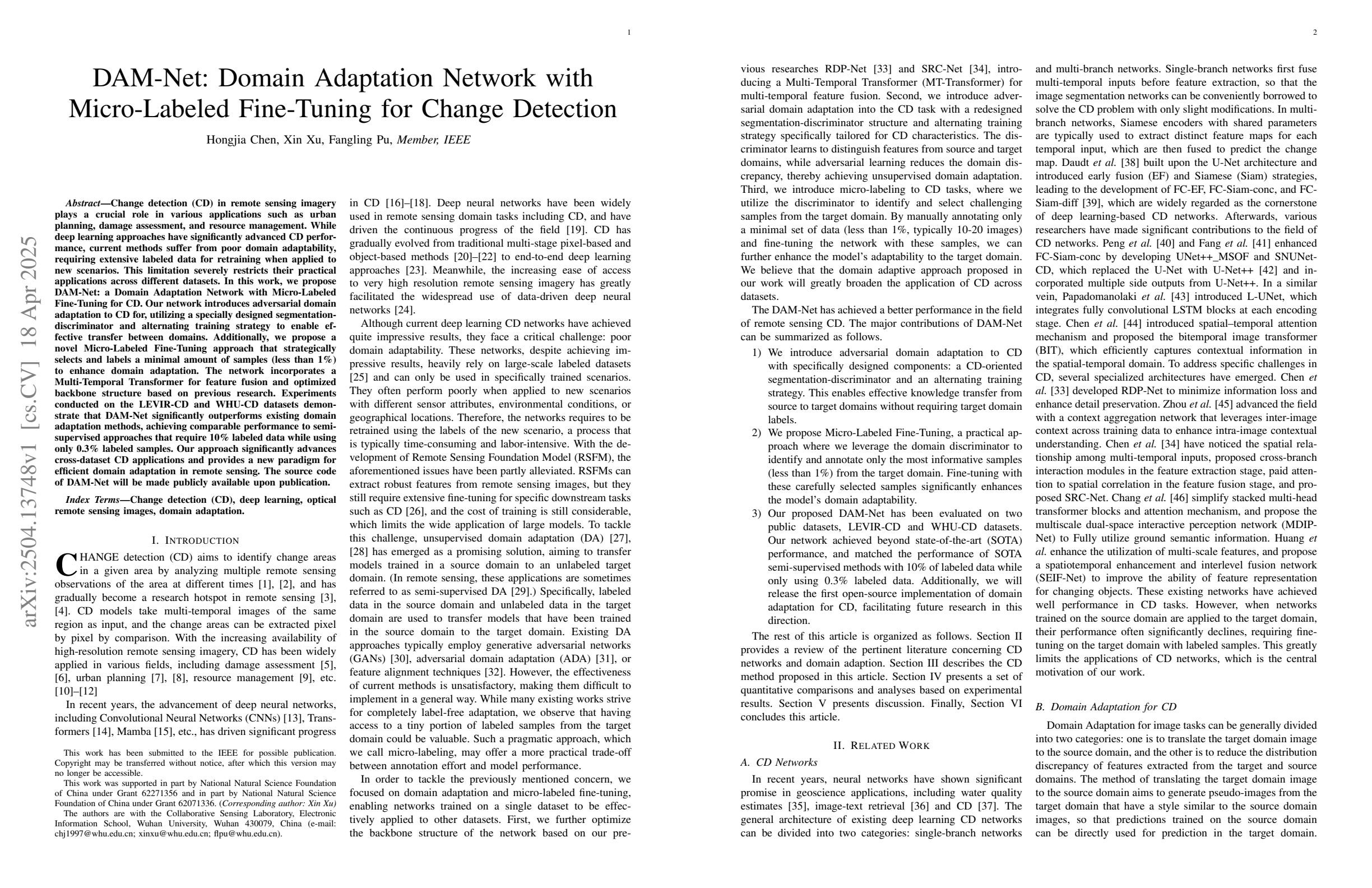 DAM-Net: Domain Adaptation Network with Micro-Labeled Fine-Tuning for Change Detection