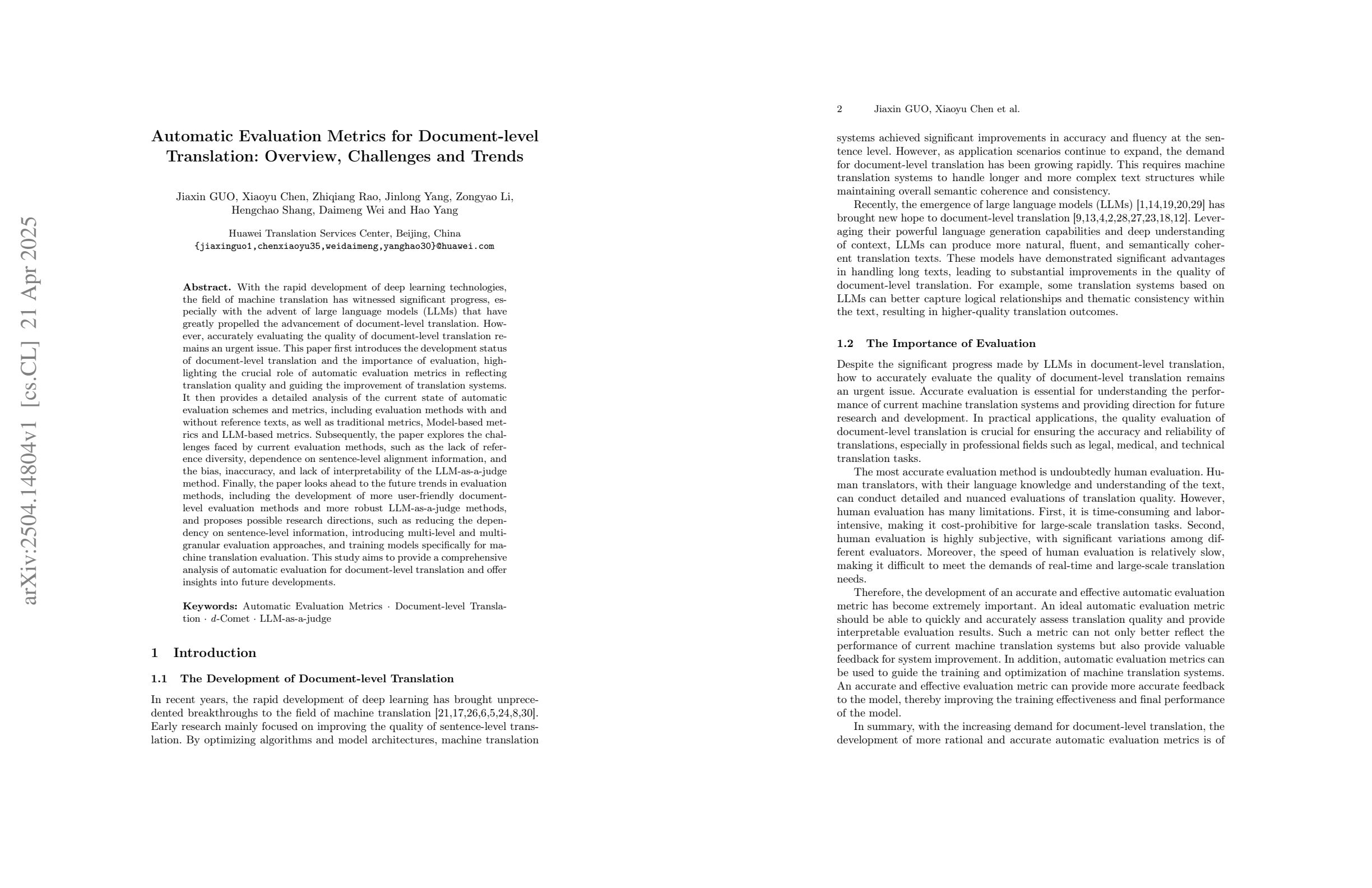 Automatic Evaluation Metrics for Document-level Translation: Overview, Challenges and Trends