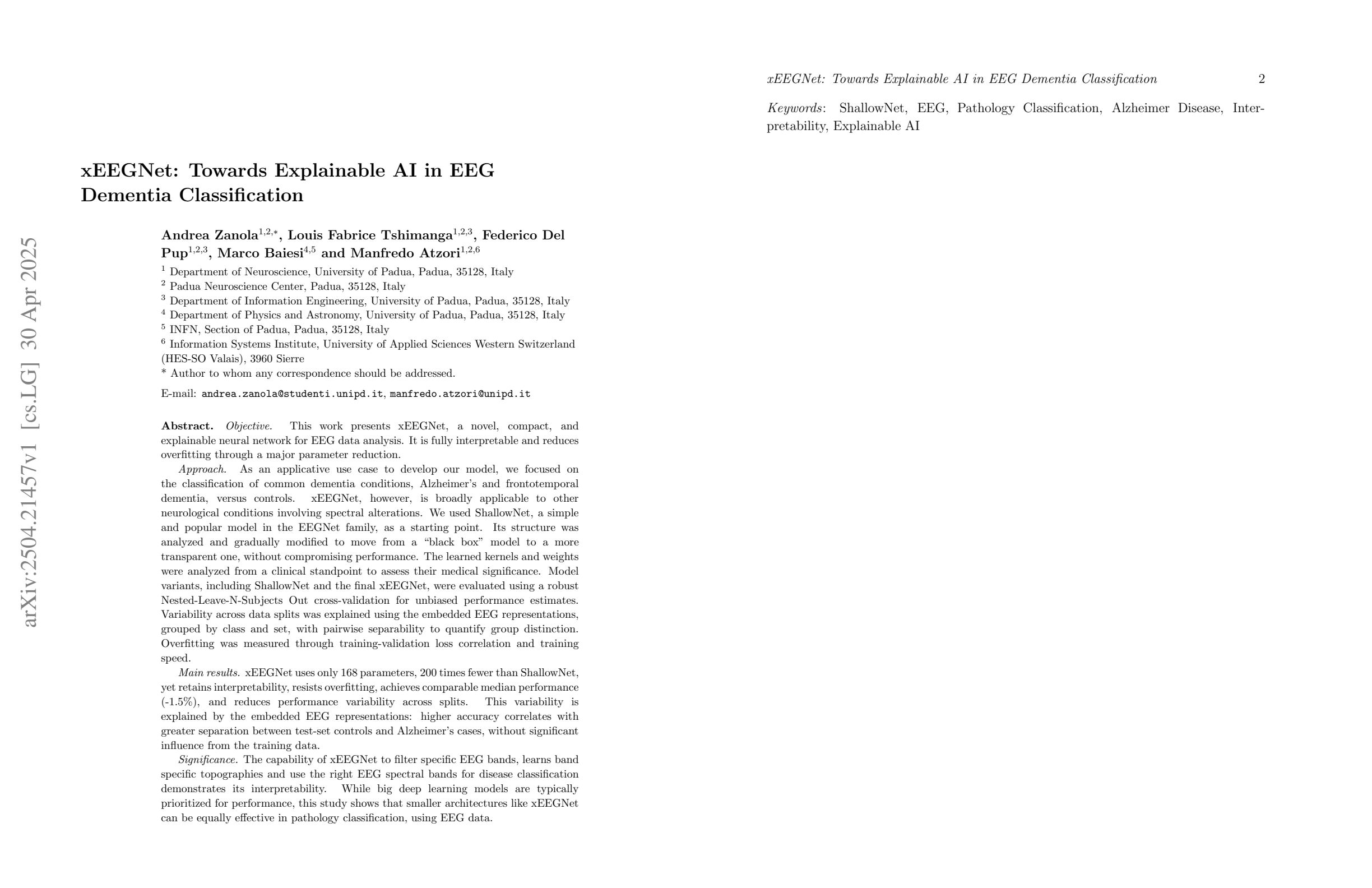 xEEGNet: Towards Explainable AI in EEG Dementia Classification