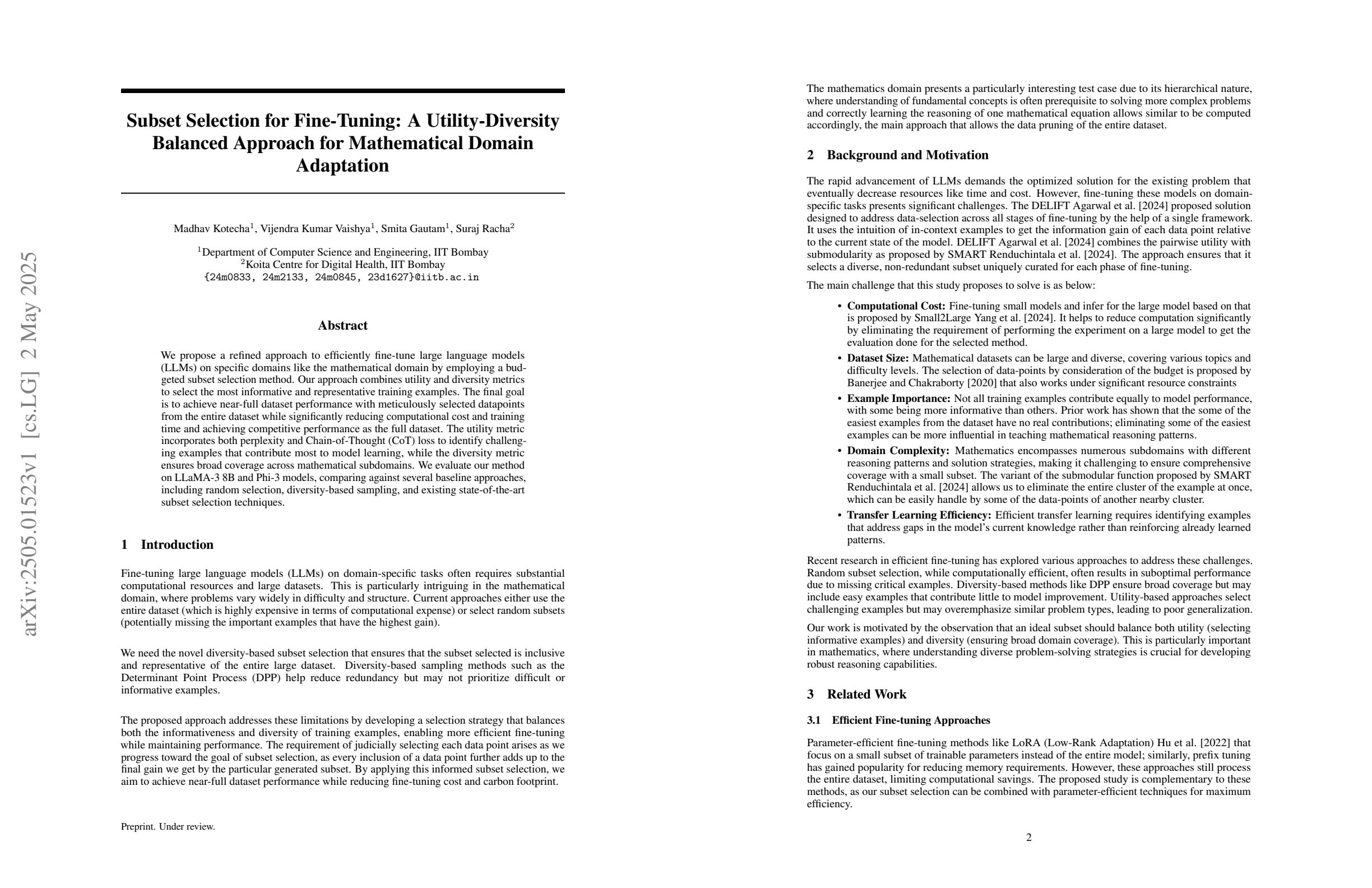 Subset Selection for Fine-Tuning: A Utility-Diversity Balanced Approach for Mathematical Domain ...