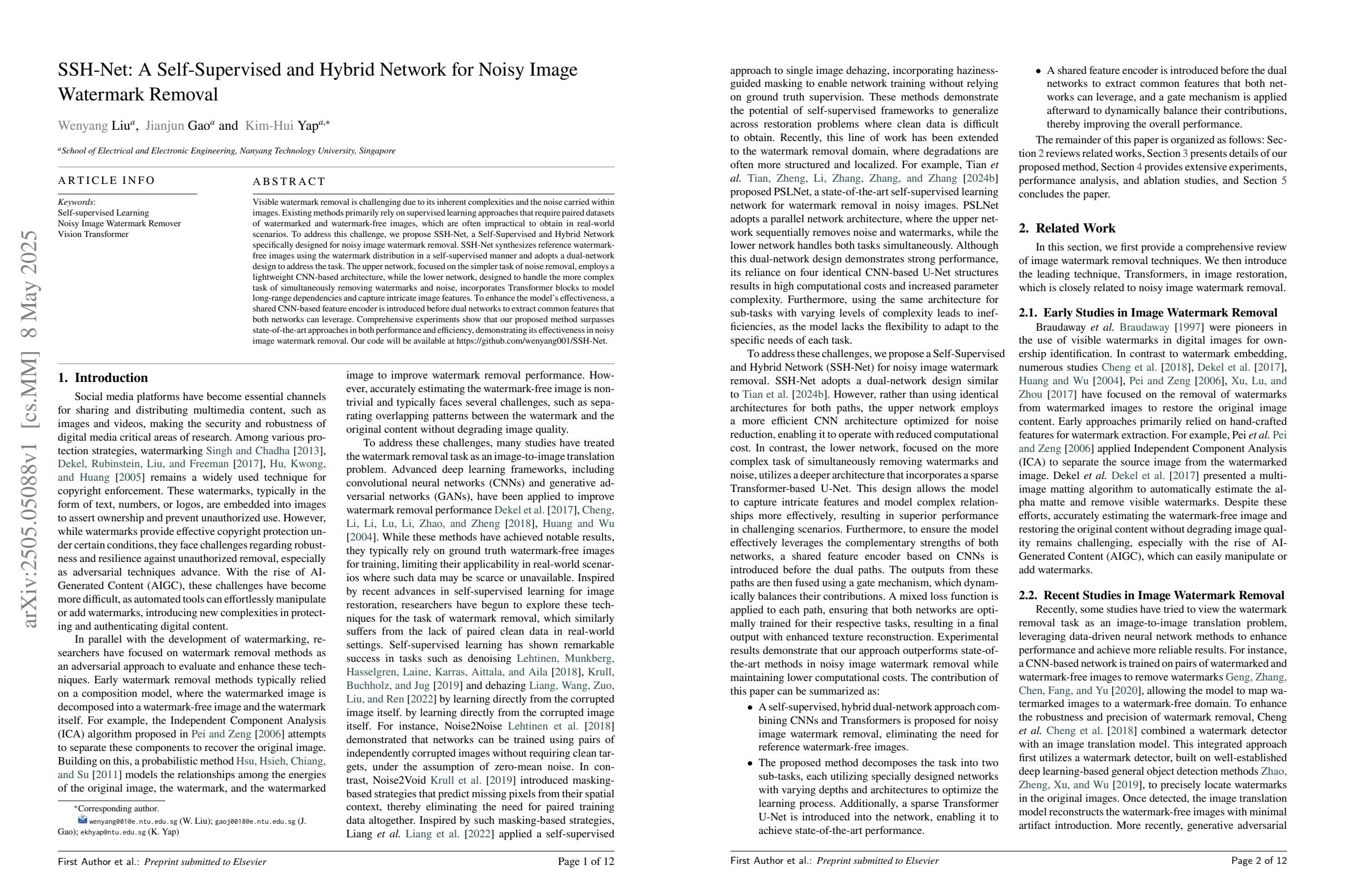 SSH-Net: A Self-Supervised and Hybrid Network for Noisy Image Watermark Removal