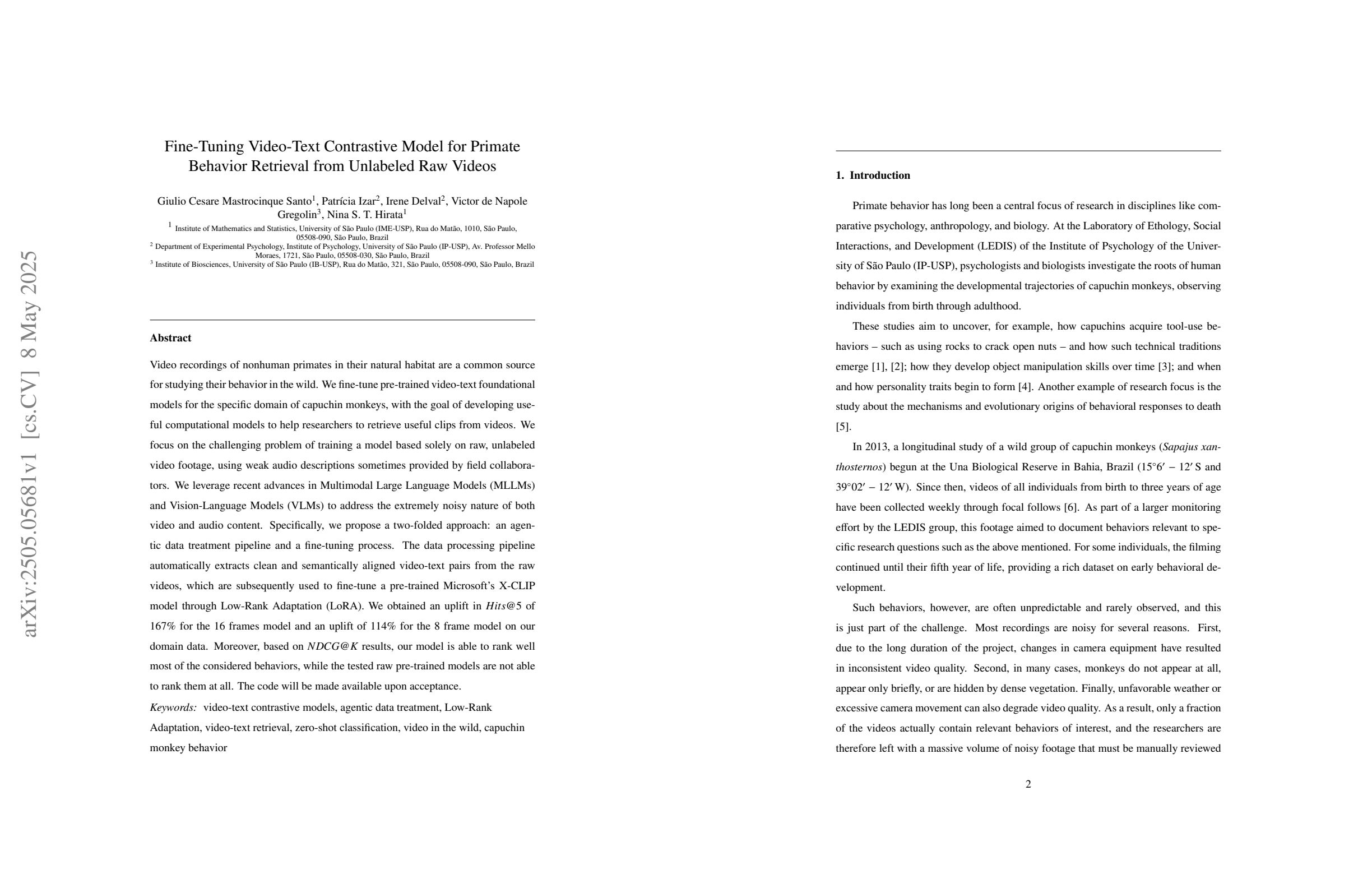 Fine-Tuning Video-Text Contrastive Model for Primate Behavior Retrieval ...