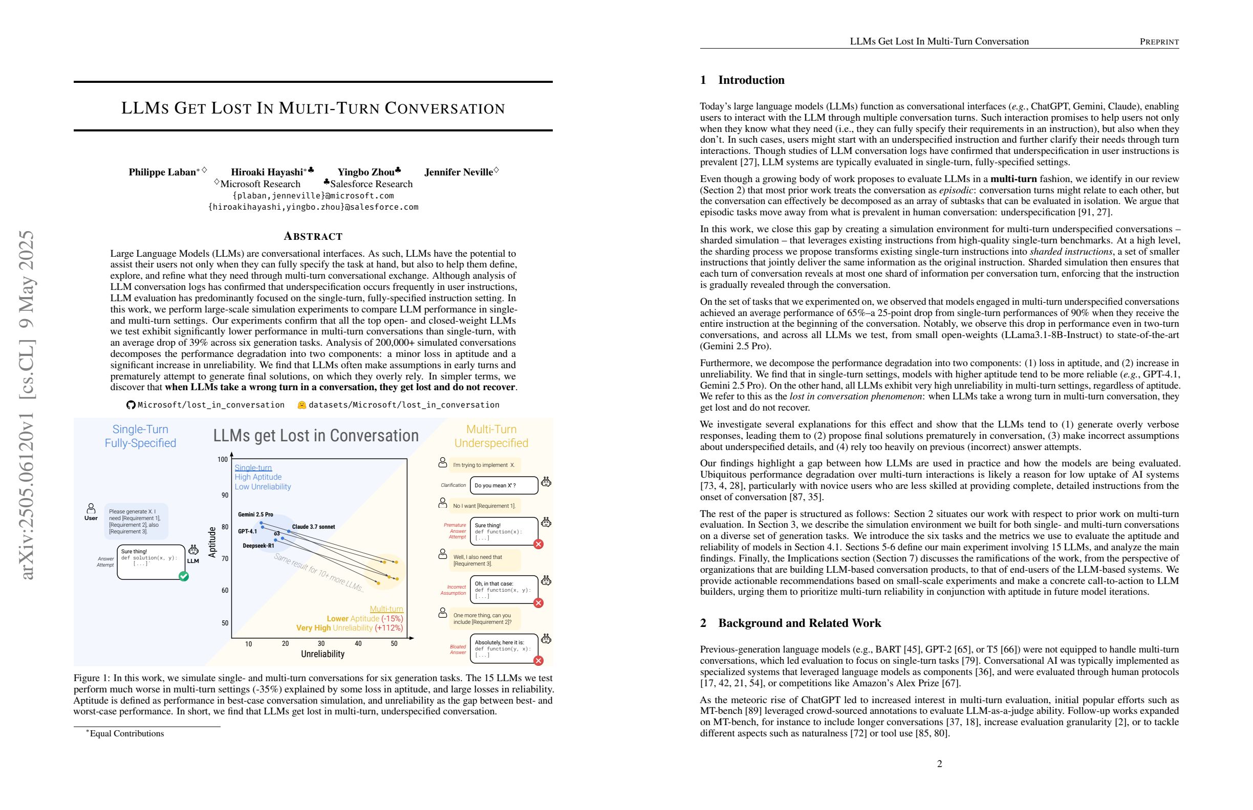 LLMs Get Lost In Multi-Turn Conversation
