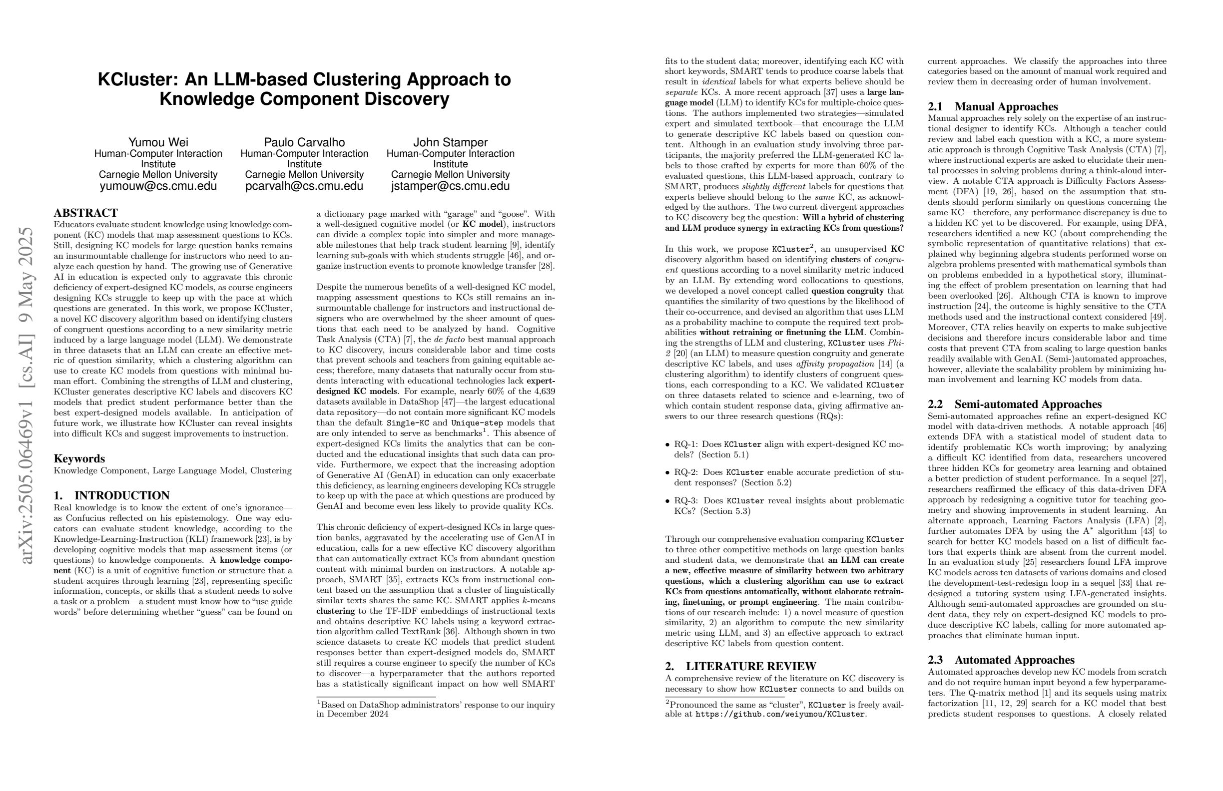 KCluster: An LLM-based Clustering Approach to Knowledge Component Discovery