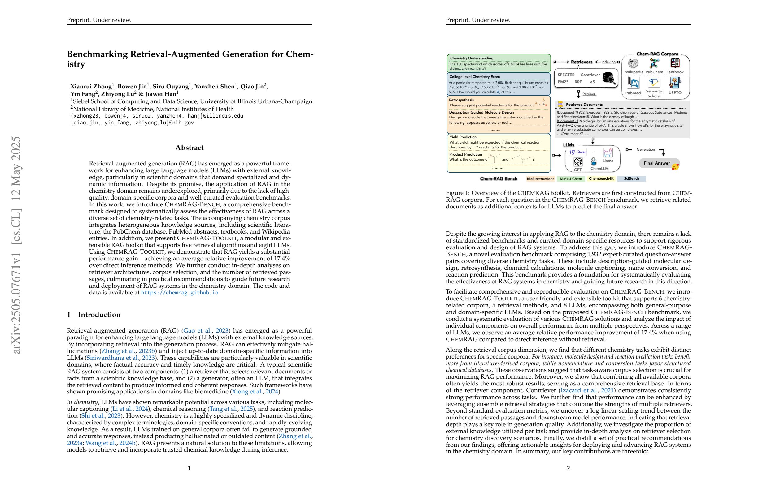 Benchmarking Retrieval-Augmented Generation for Chemistry