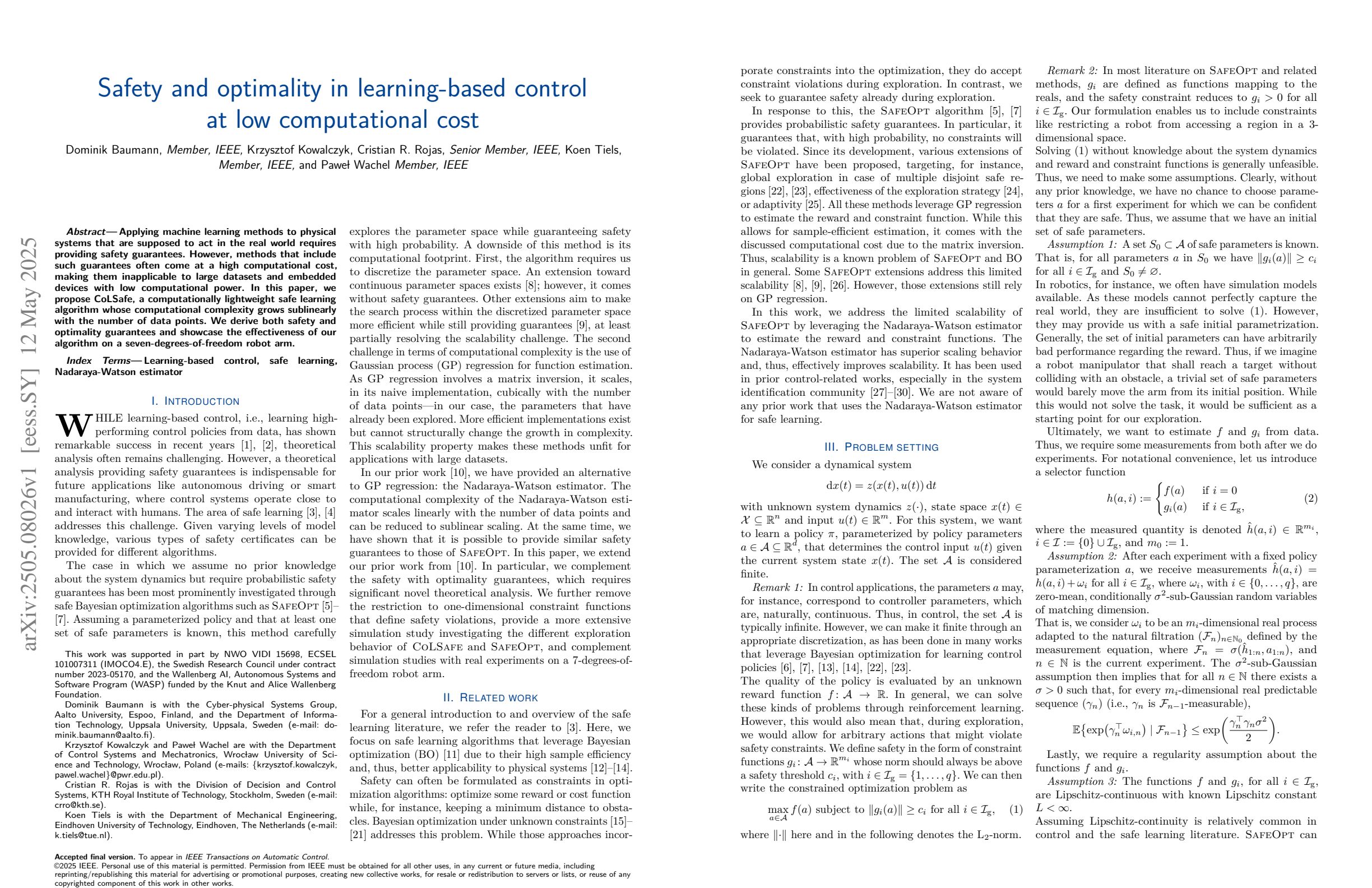 Safety and optimality in learning-based control at low computational cost