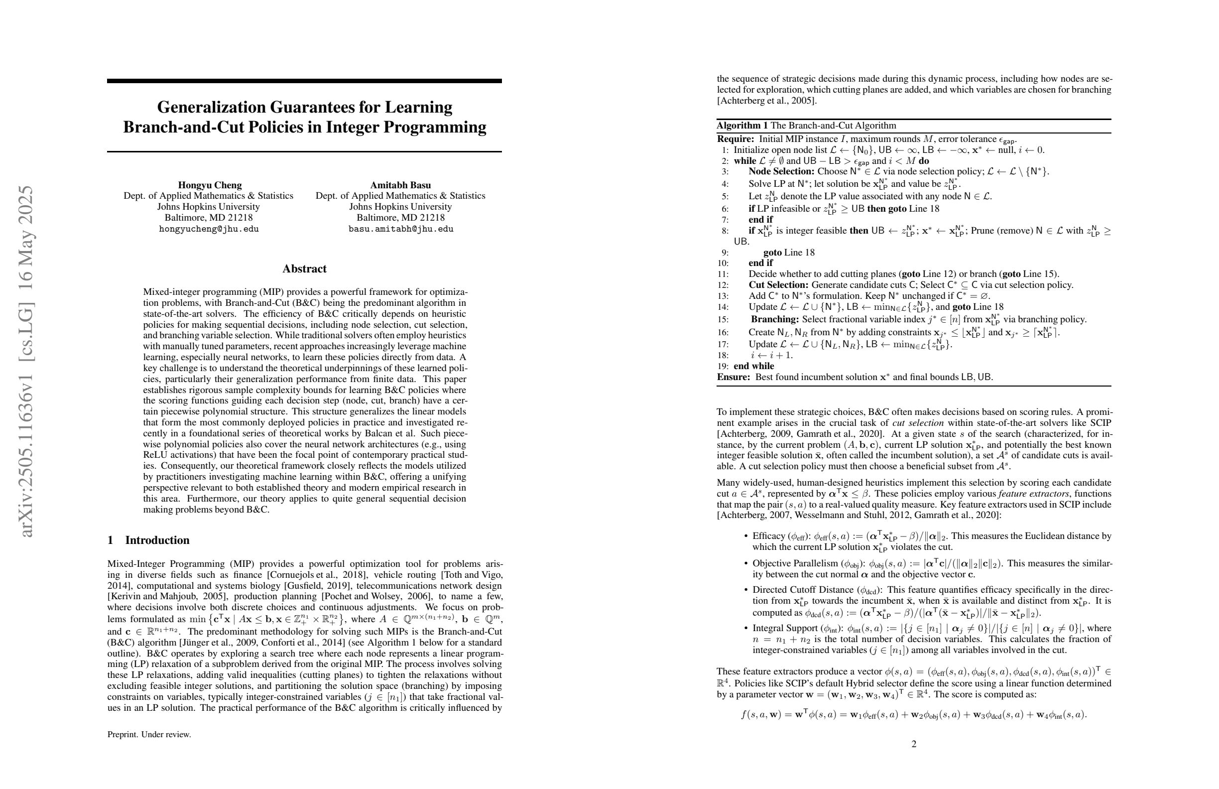 Generalization Guarantees for Learning Branch-and-Cut Policies in Integer Programming