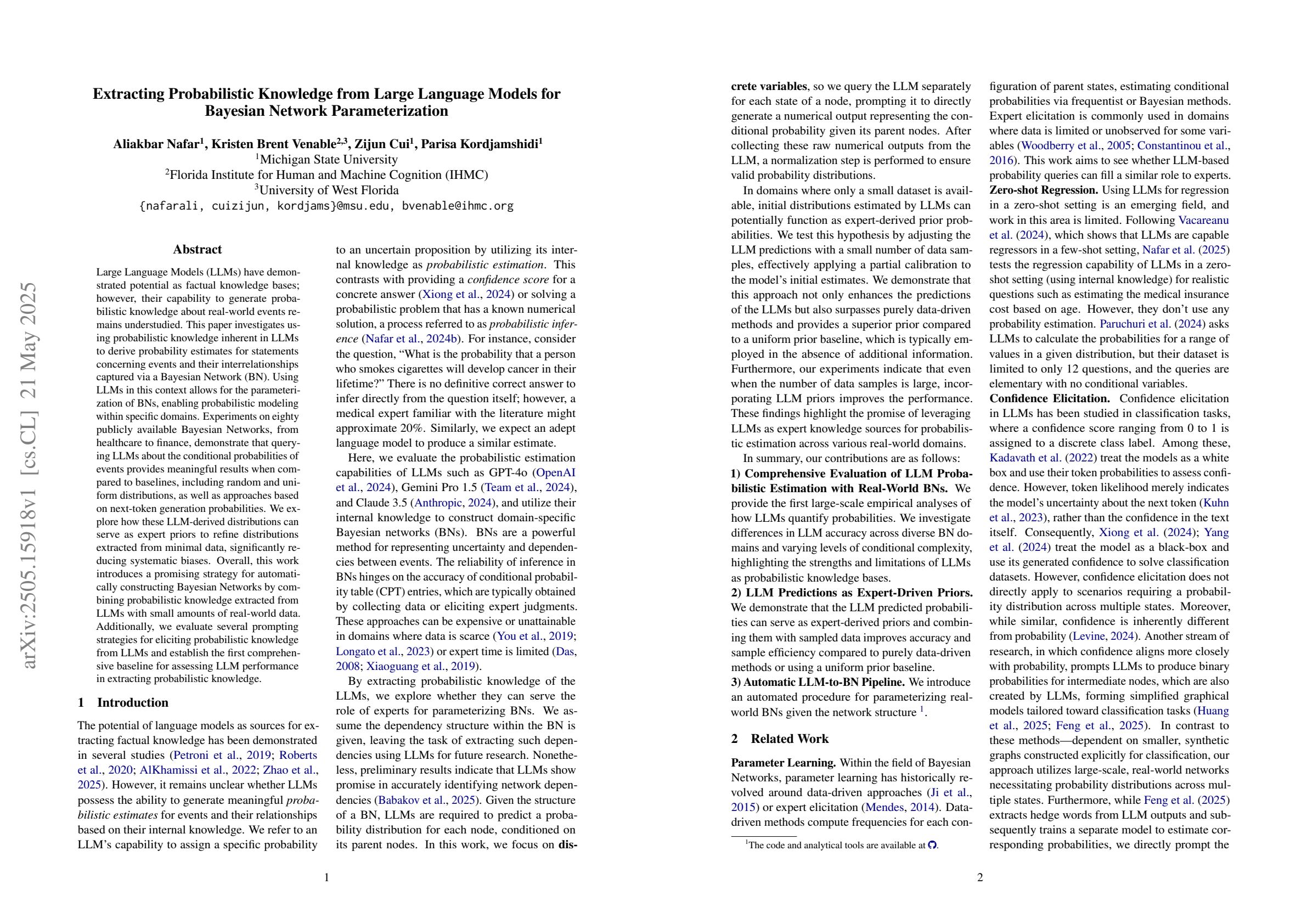 Extracting Probabilistic Knowledge from Large Language Models for Bayesian Network Parameterization