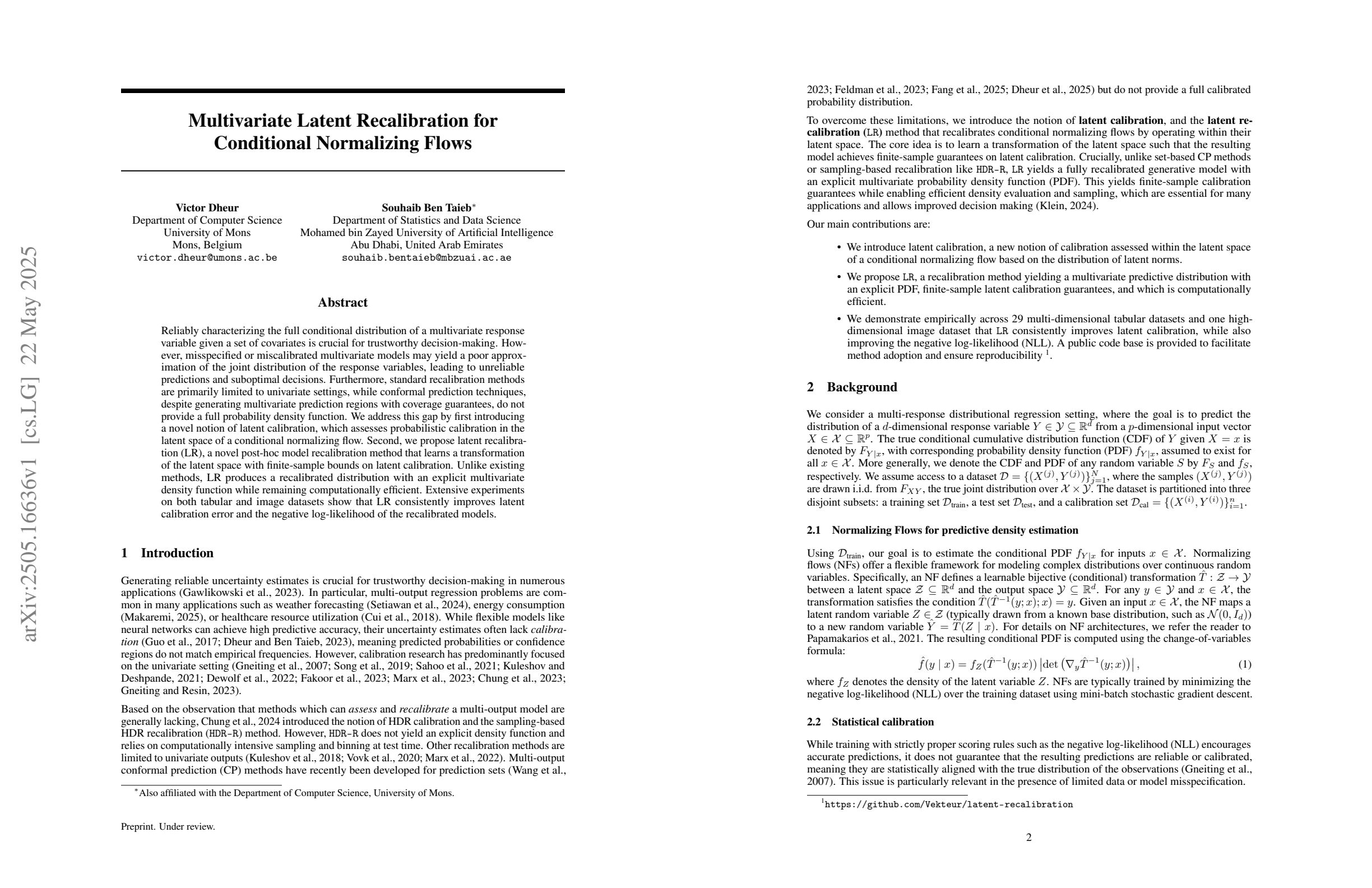 Multivariate Latent Recalibration for Conditional Normalizing Flows