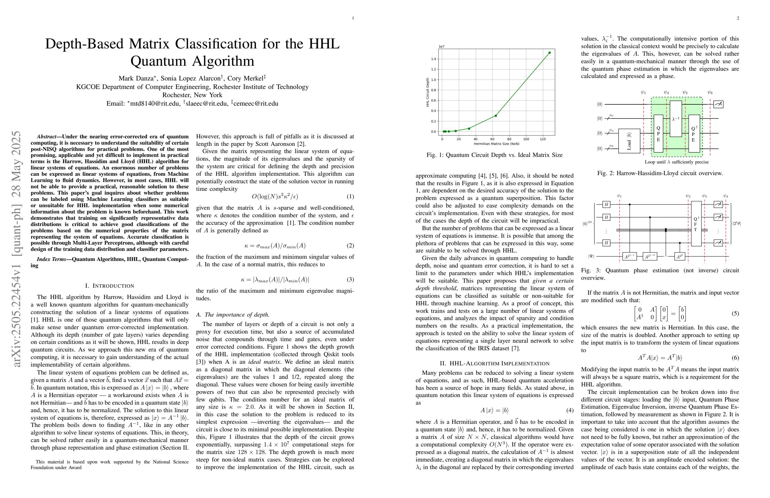 Depth-Based Matrix Classification for the HHL Quantum Algorithm