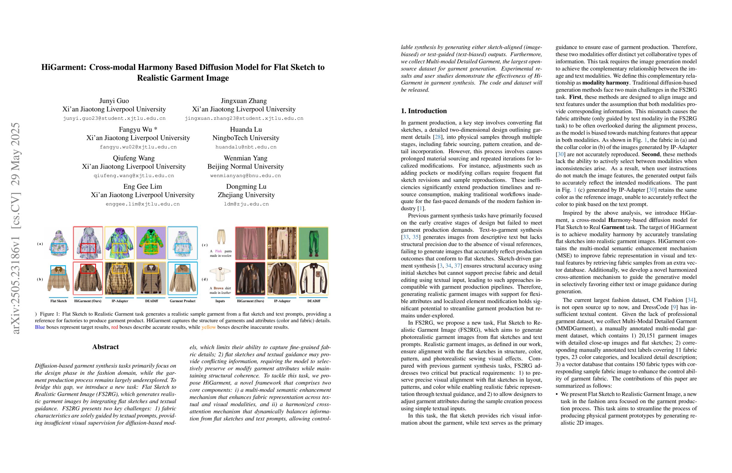 HiGarment: Cross-modal Harmony Based Diffusion Model for Flat Sketch to Realistic Garment Image