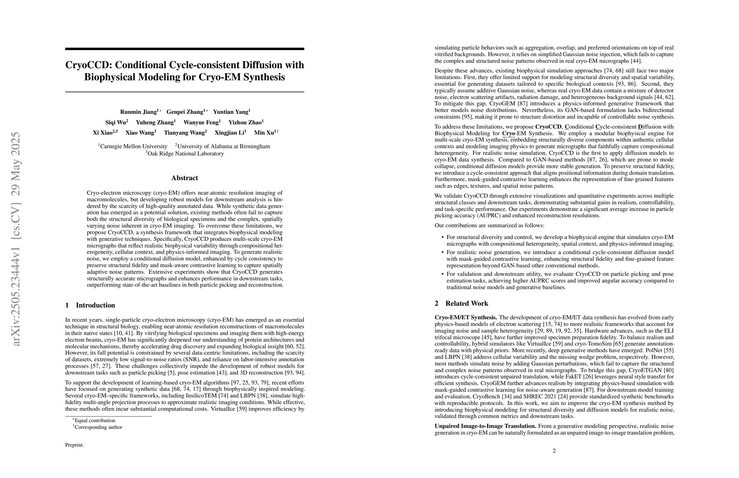 CryoCCD: Conditional Cycle-consistent Diffusion with Biophysical Modeling for Cryo-EM Synthesis