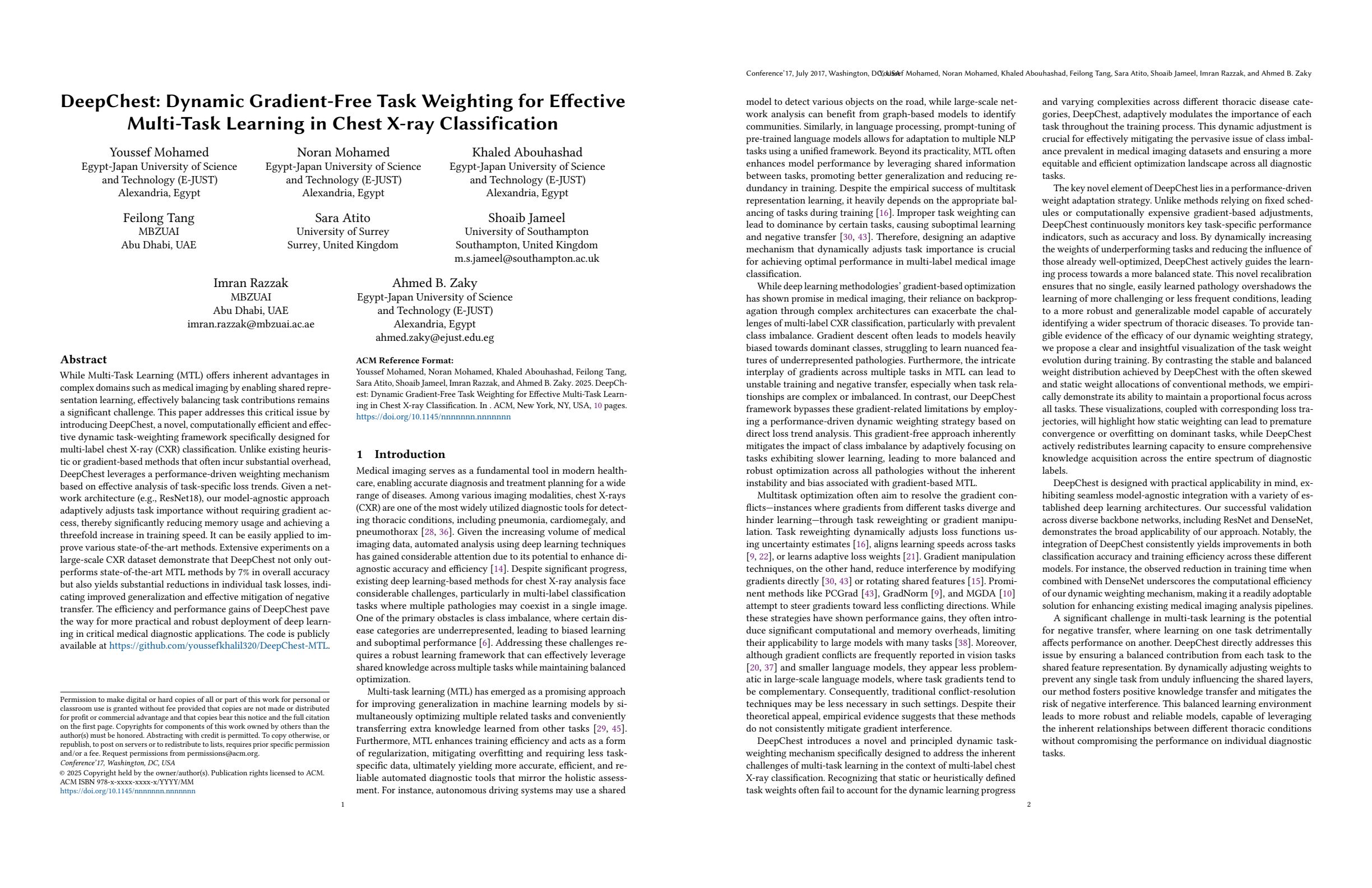DeepChest: Dynamic Gradient-Free Task Weighting for Effective Multi-Task Learning in Chest X-ray ...