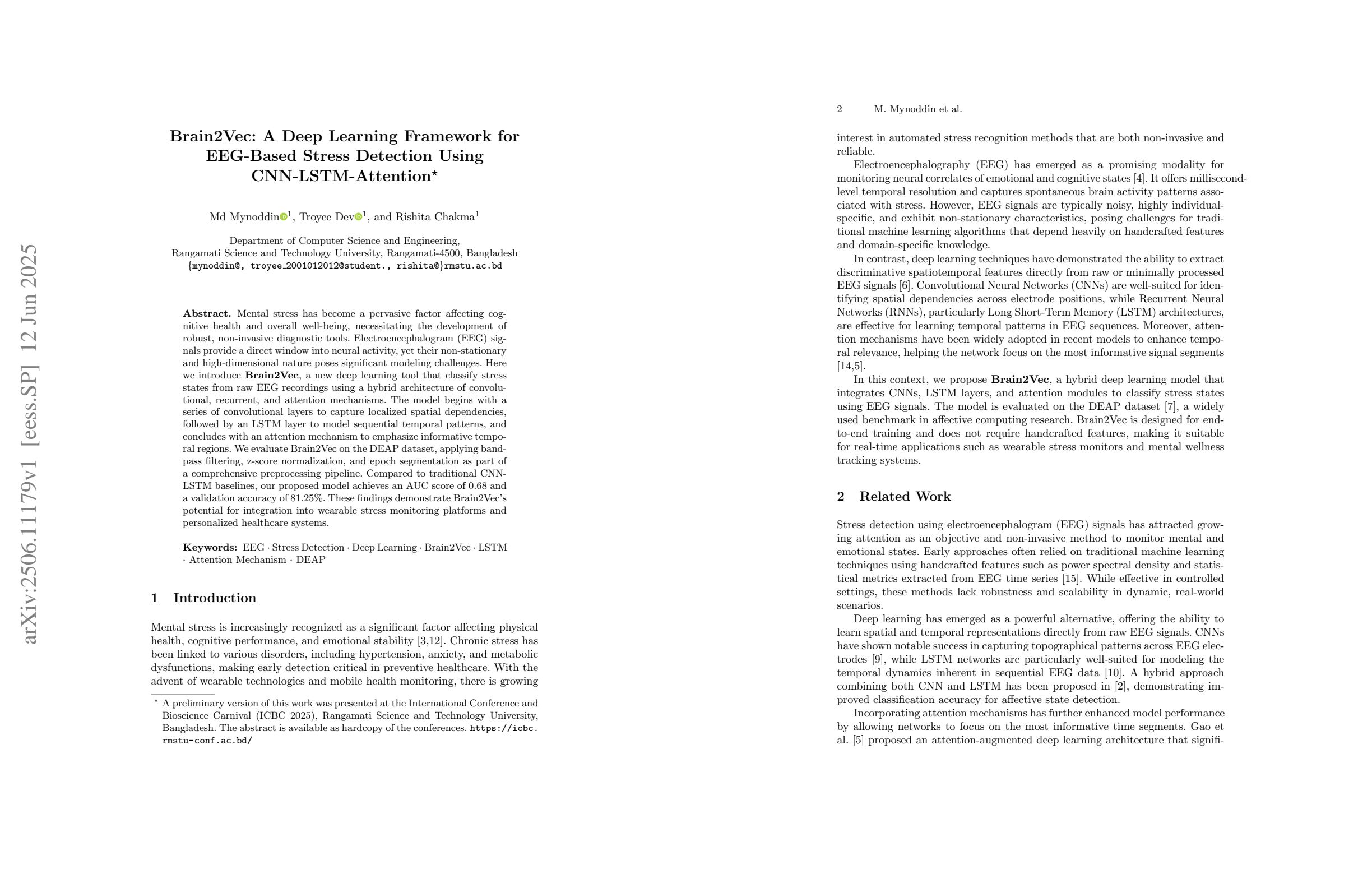 Brain2Vec: A Deep Learning Framework for EEG-Based Stress Detection Using CNN-LSTM-Attention
