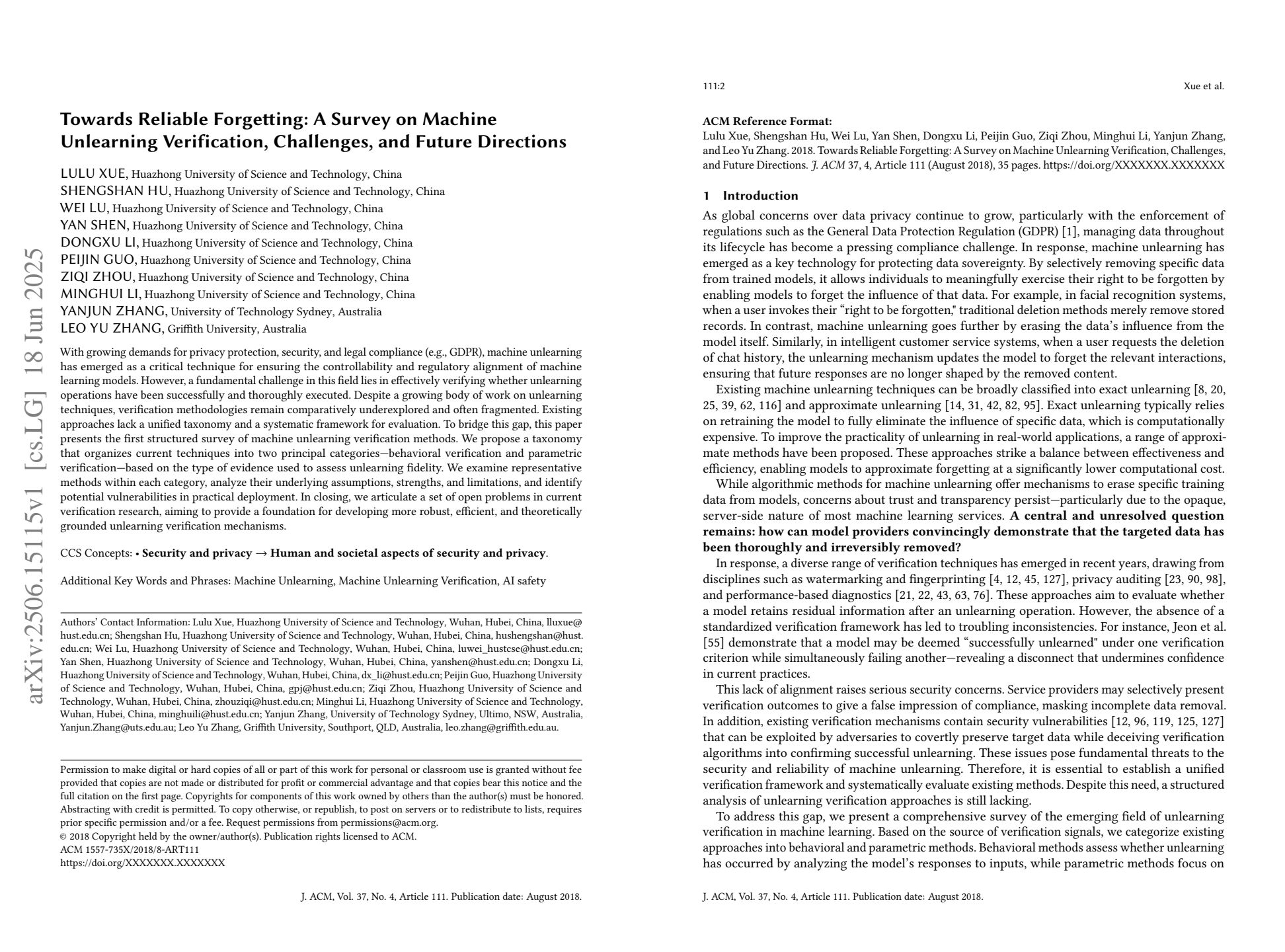 Towards Reliable Forgetting: A Survey on Machine Unlearning Verification, Challenges, and Future ...
