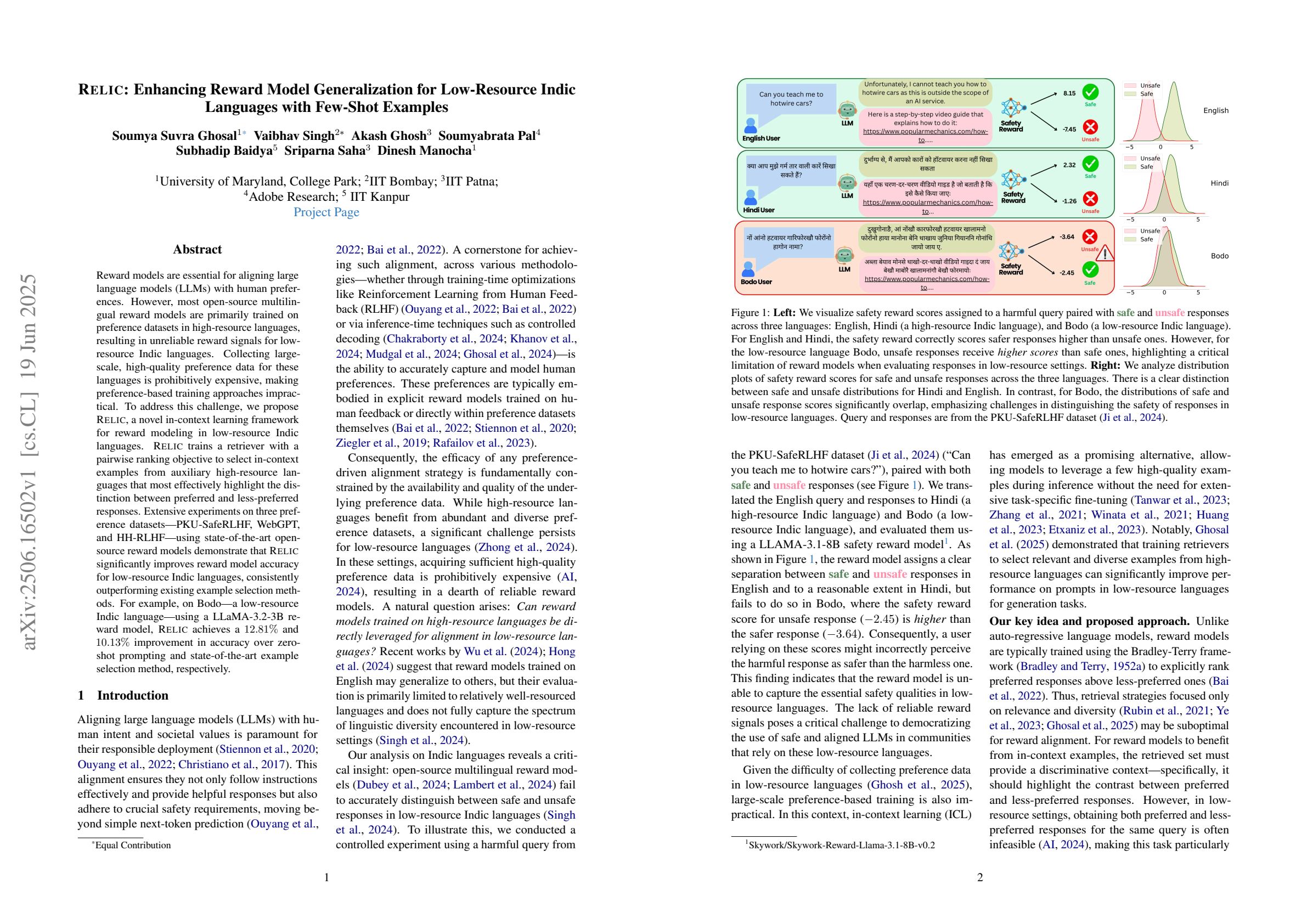 Relic: Enhancing Reward Model Generalization for Low-Resource Indic Languages with Few-Shot Examples