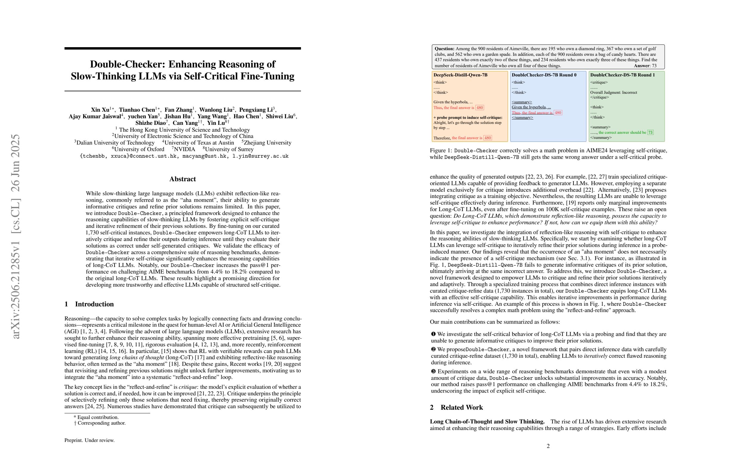 Double-Checker: Enhancing Reasoning of Slow-Thinking LLMs via Self-Critical Fine-Tuning