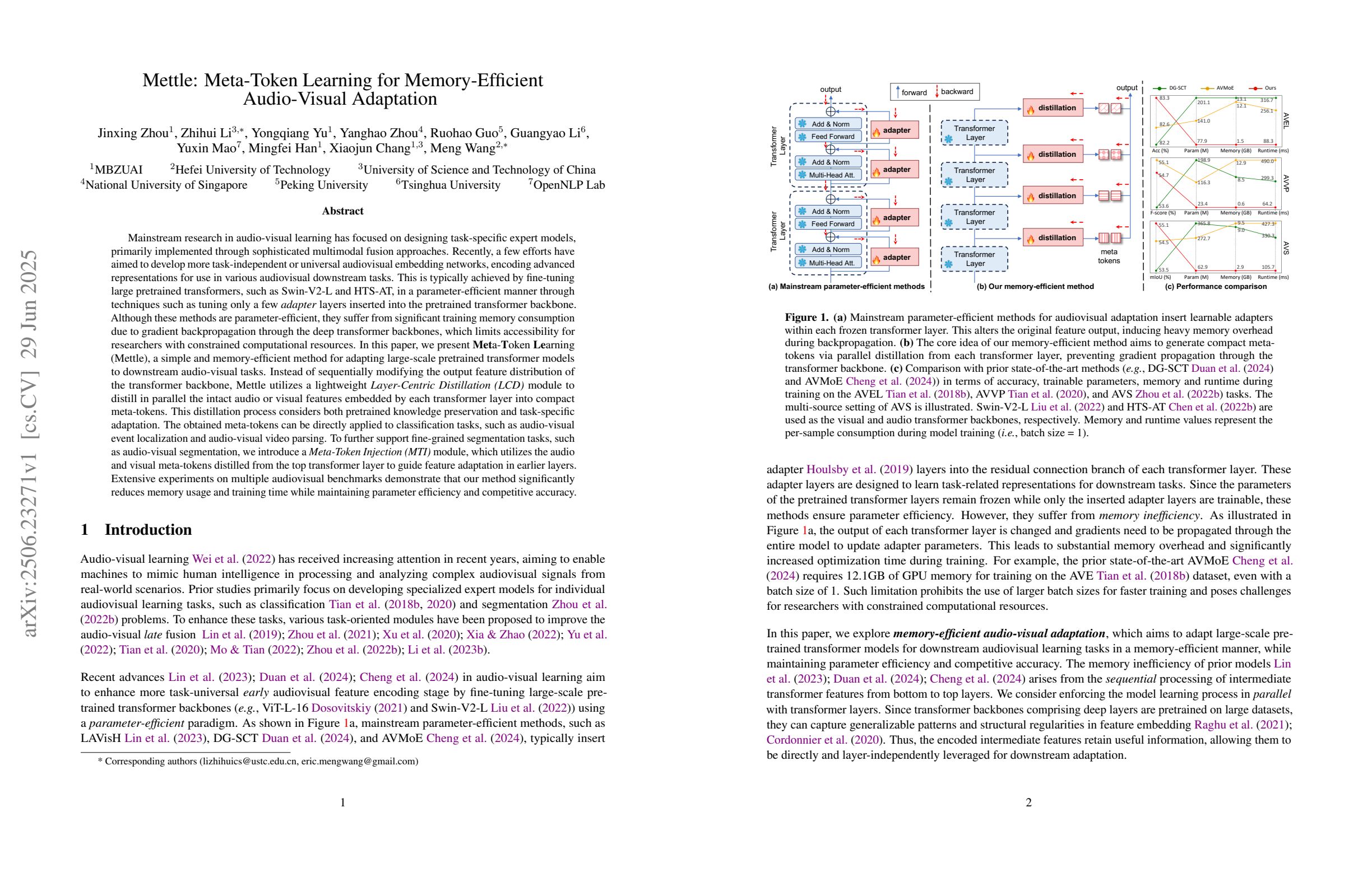 Mettle: Meta-Token Learning for Memory-Efficient Audio-Visual Adaptation