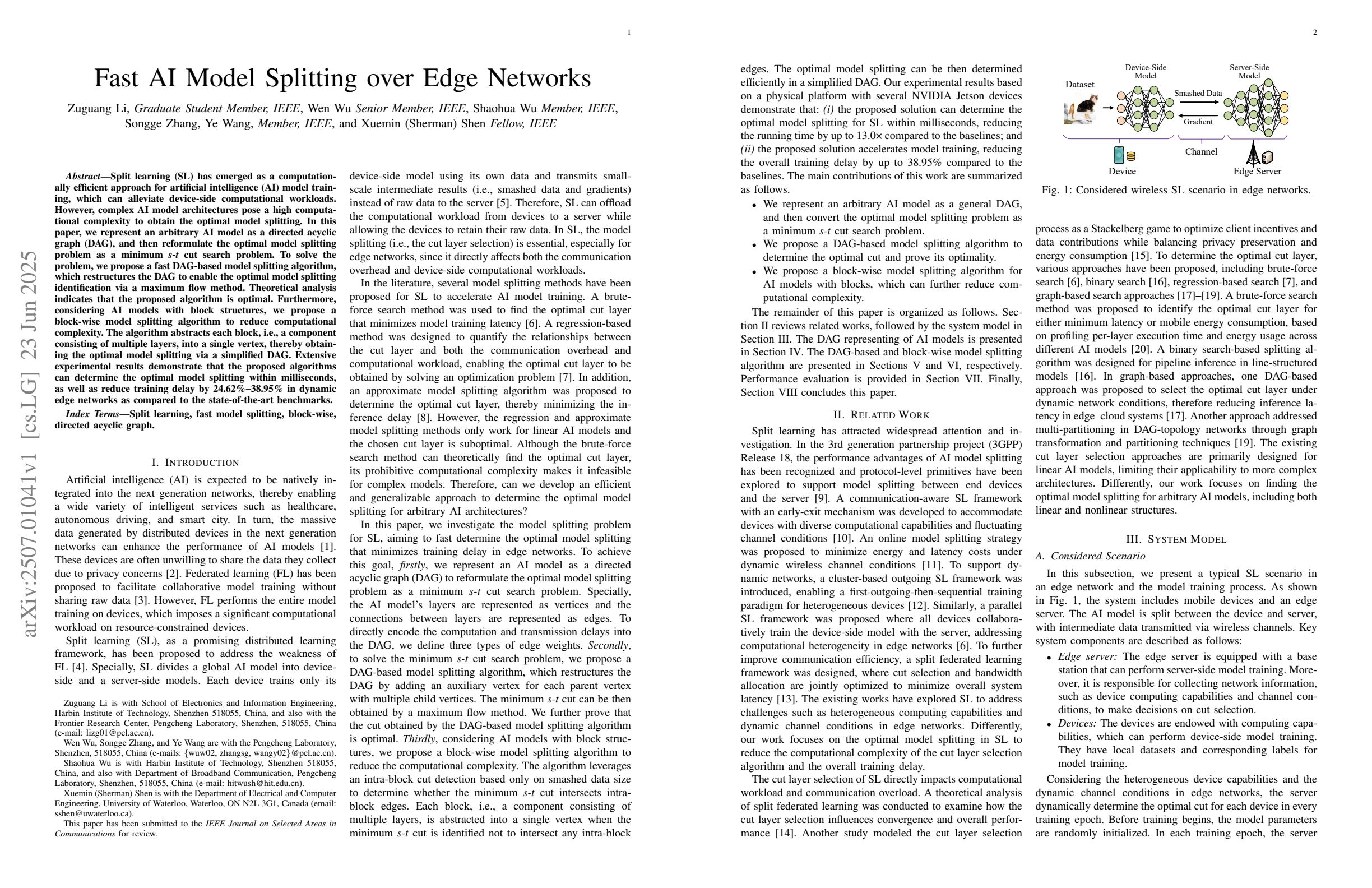 Fast AI Model Splitting over Edge Networks