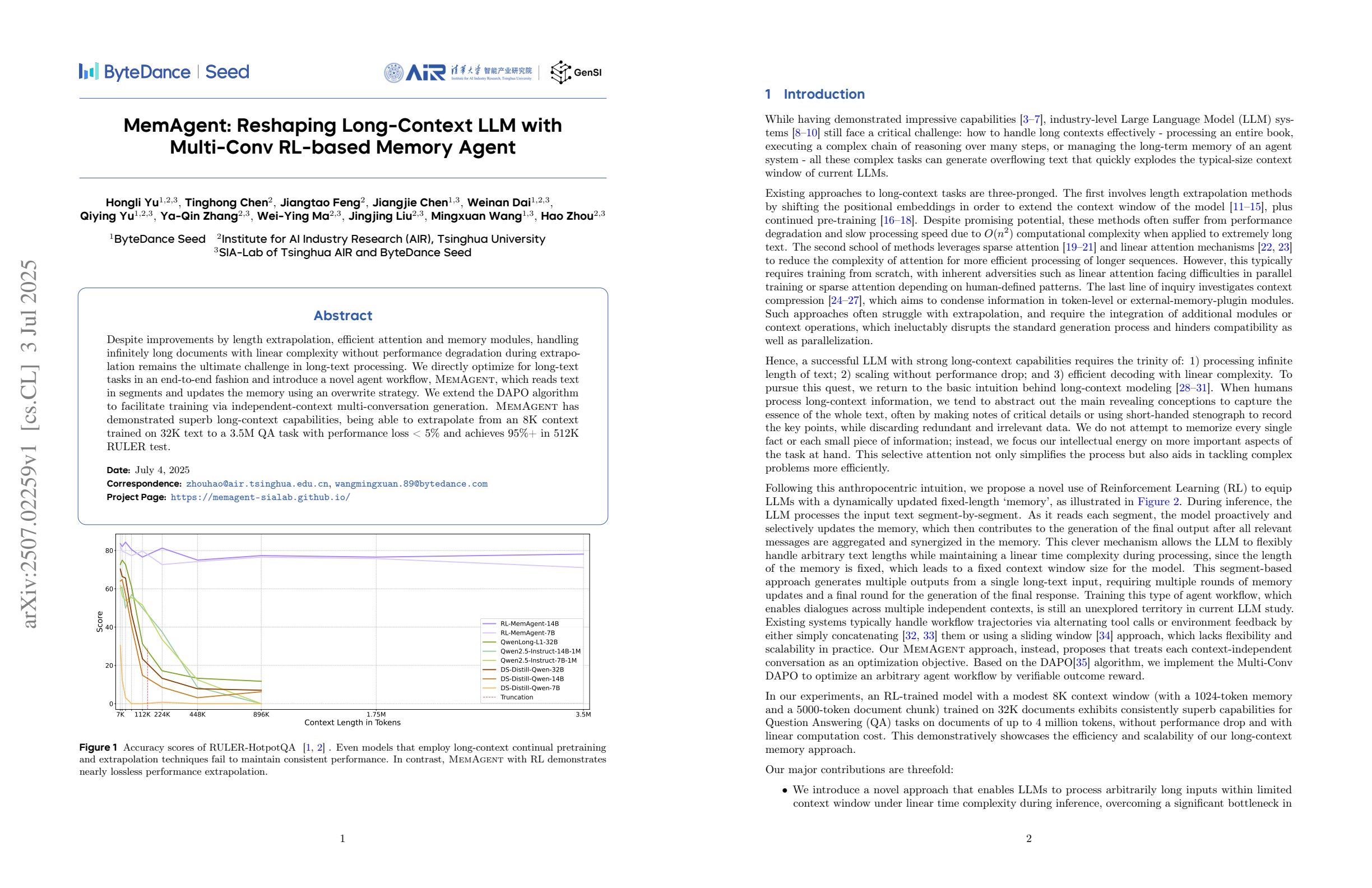 Memagent Reshaping Long Context Llm With Multi Conv Rl Based Memory Agent