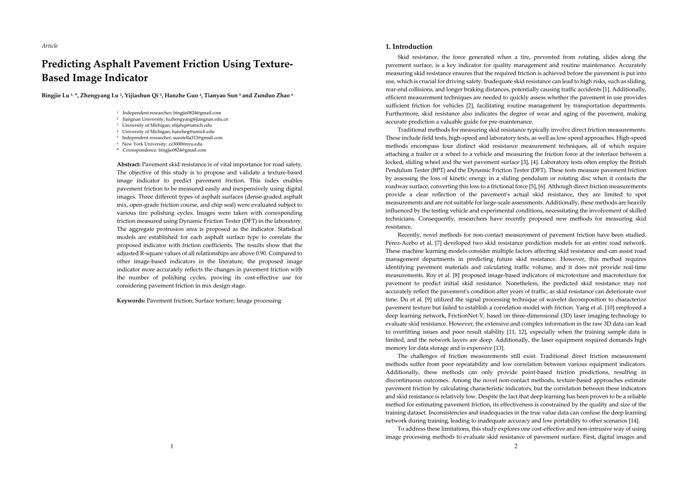 Predicting Asphalt Pavement Friction Using Texture Based Image Indicator