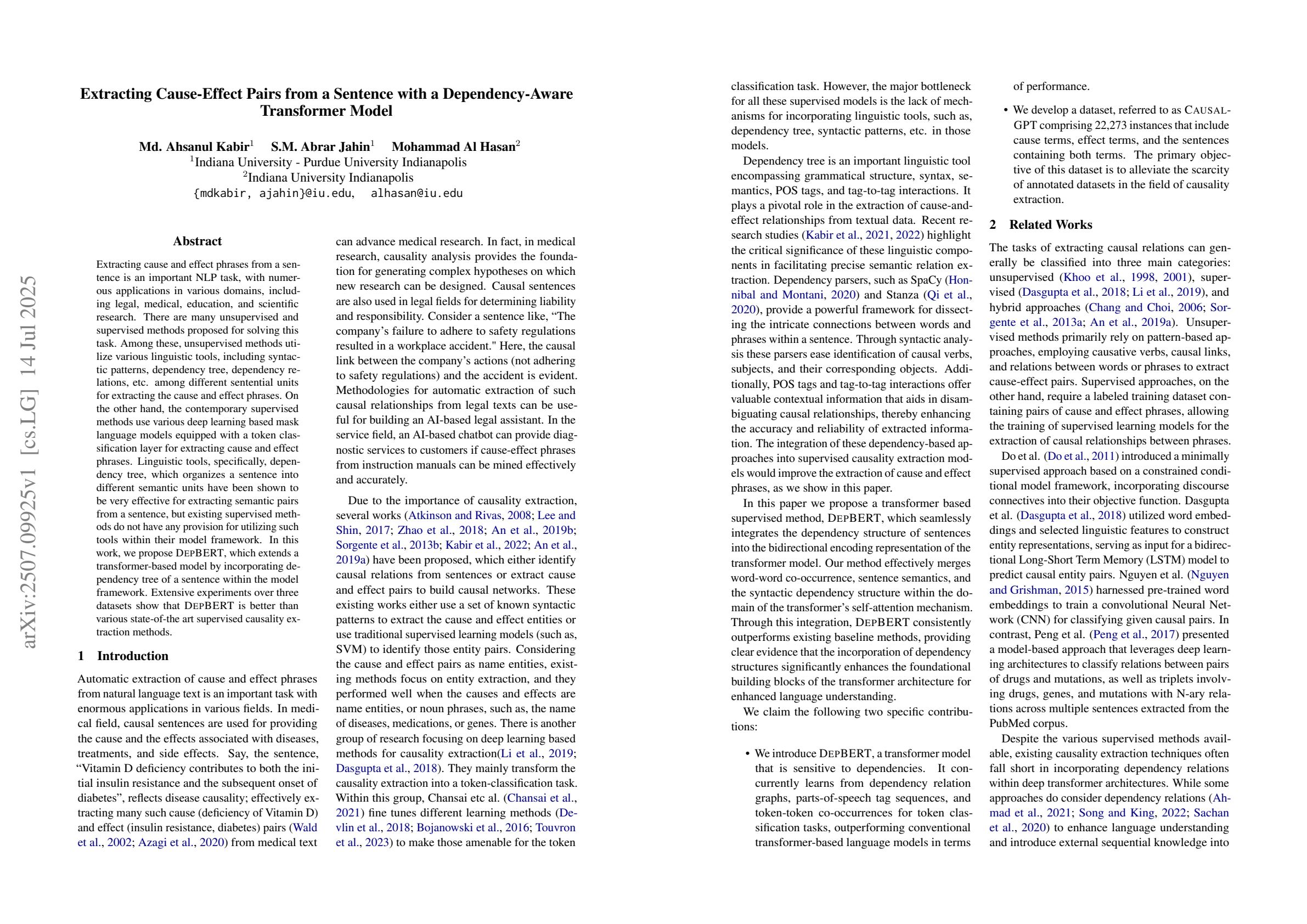 Extracting Cause-Effect Pairs from a Sentence with a Dependency-Aware Transformer Model